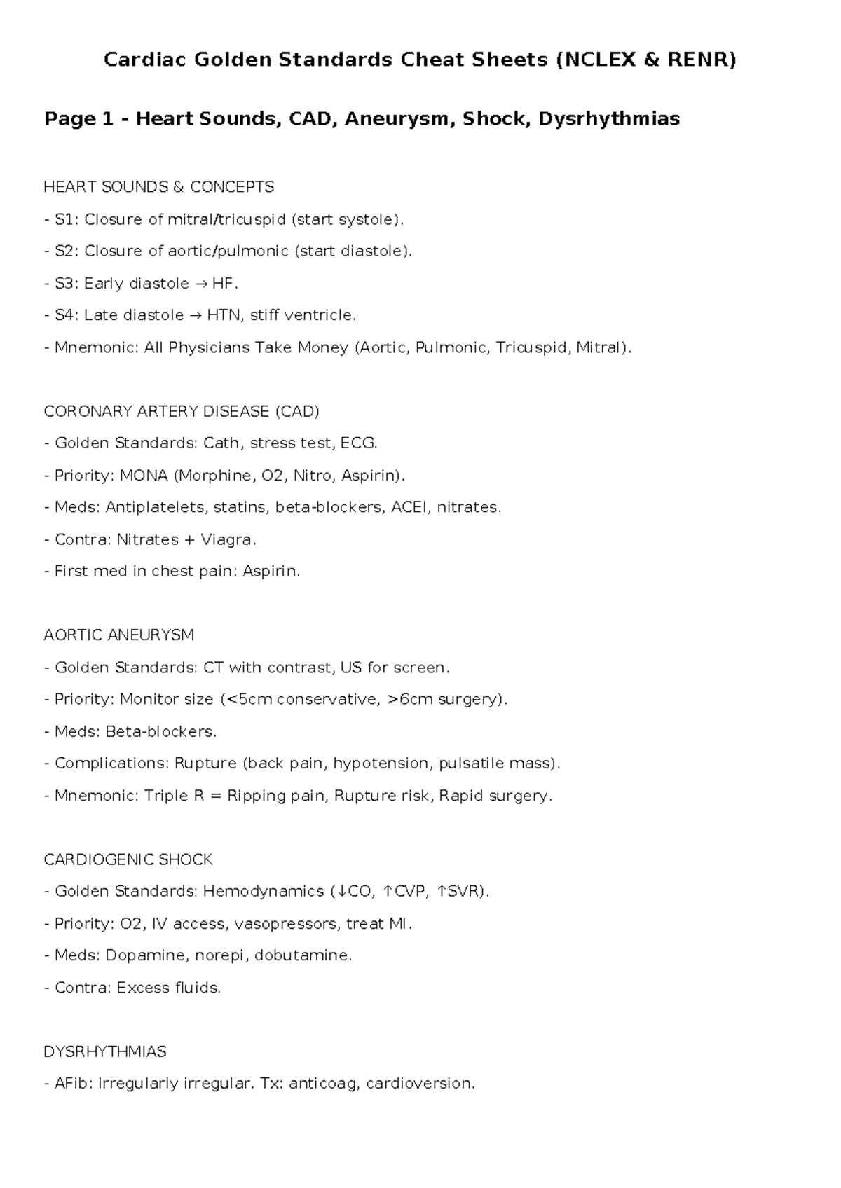 Cardiac Golden Standards Cheat Sheets (NCLEX RENR) - Studocu