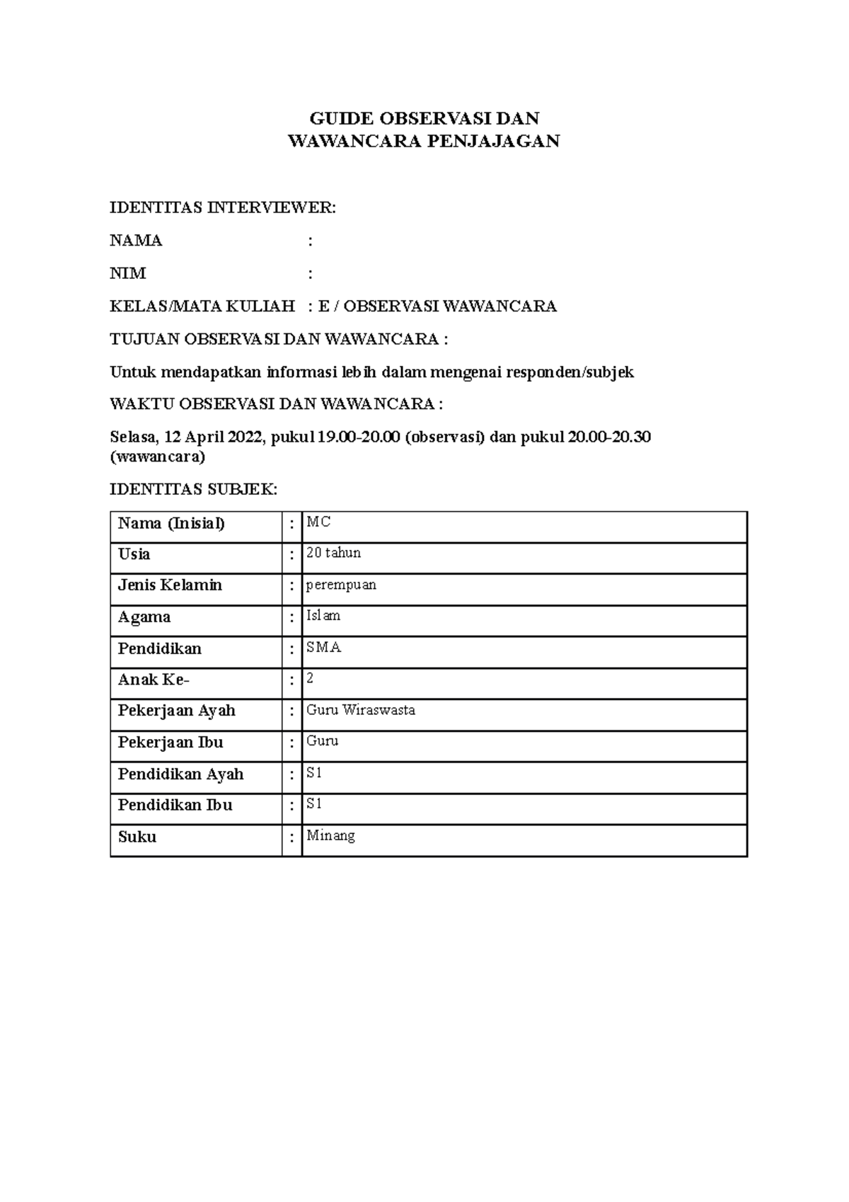 Observasi dan Wawancara: Panduan E/ Observasi Wawancara - Studocu