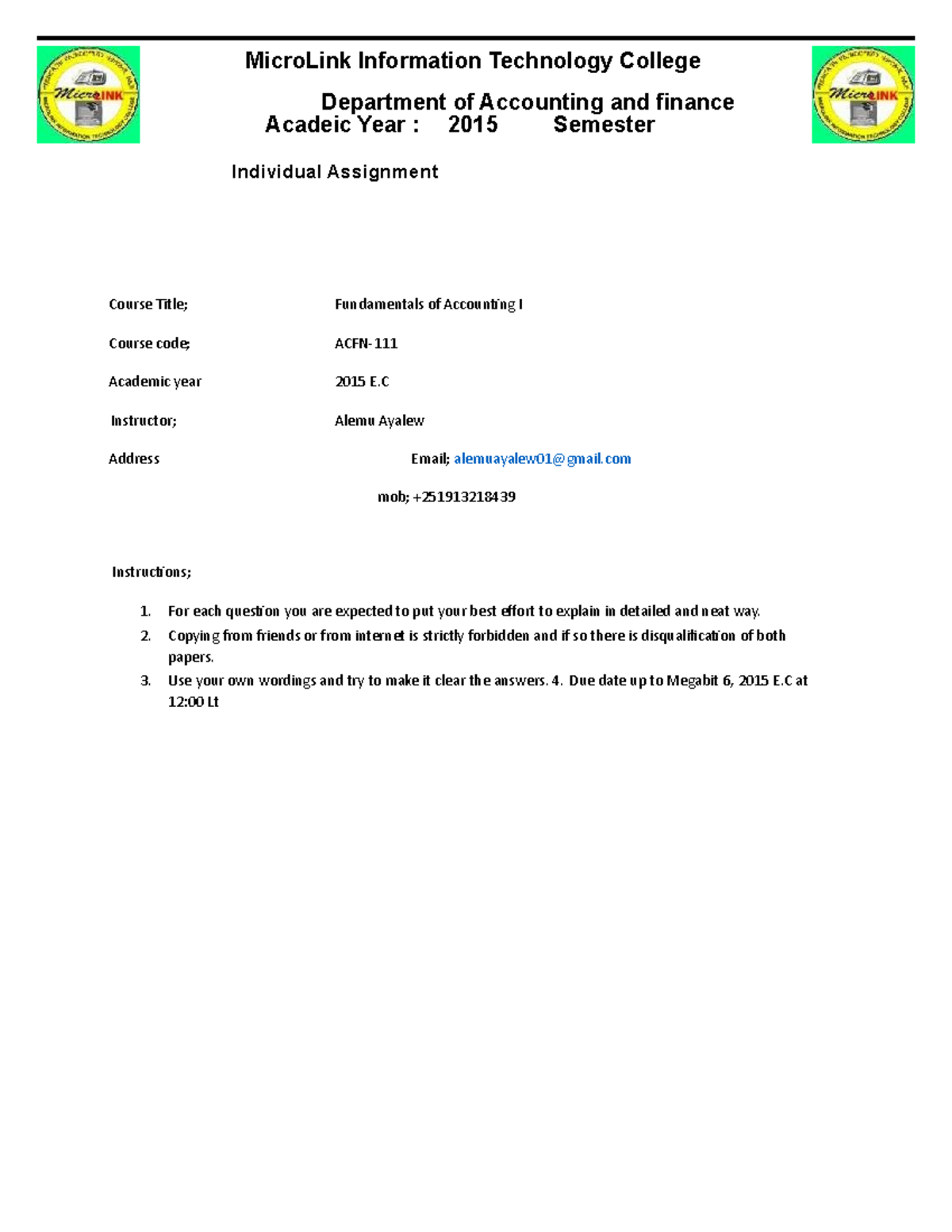 Fundamentals of Acc 1 individual assignment - Department of Accounting ...