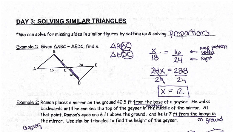 Unit 6 Notes 2025: Day 3 - Solving Similar Triangles and Proportions ...
