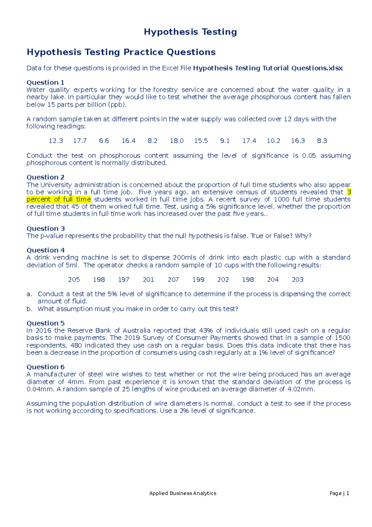 Hypothesis Testing I & II (T7): Practice Questions and Solutions - Studocu