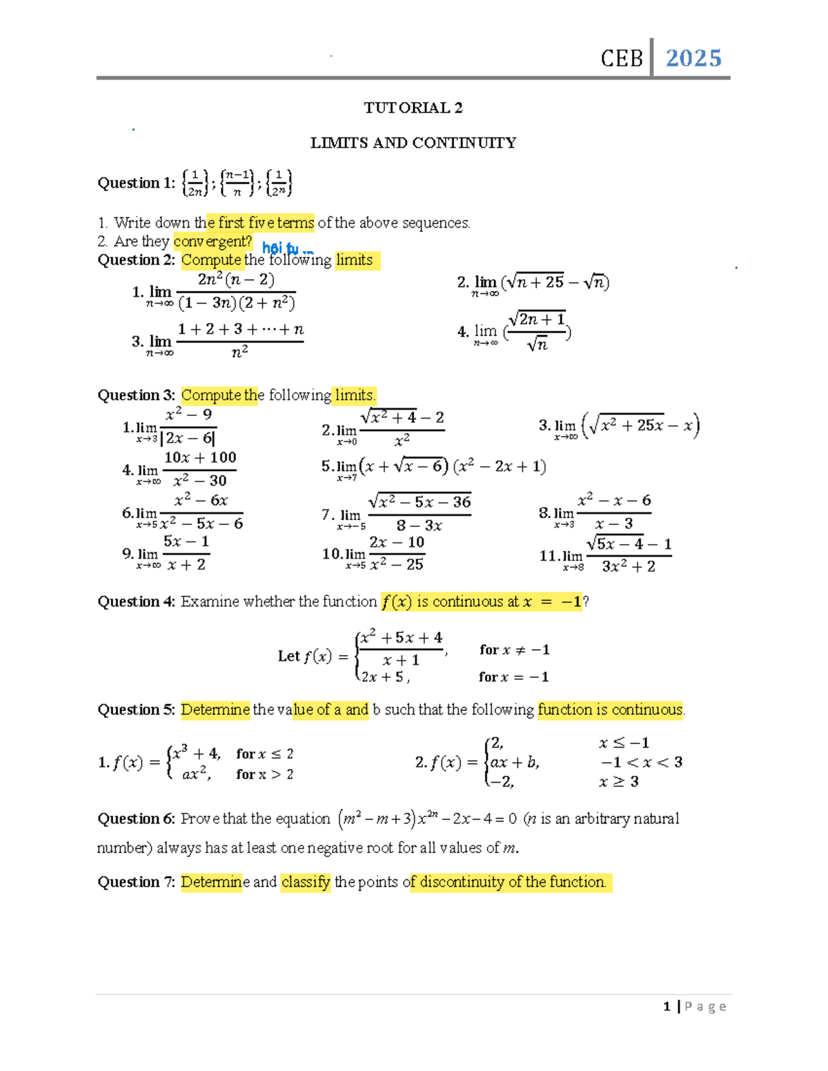CEB 2025 TUTORIAL 2: Limits and Continuity Analysis - Studocu
