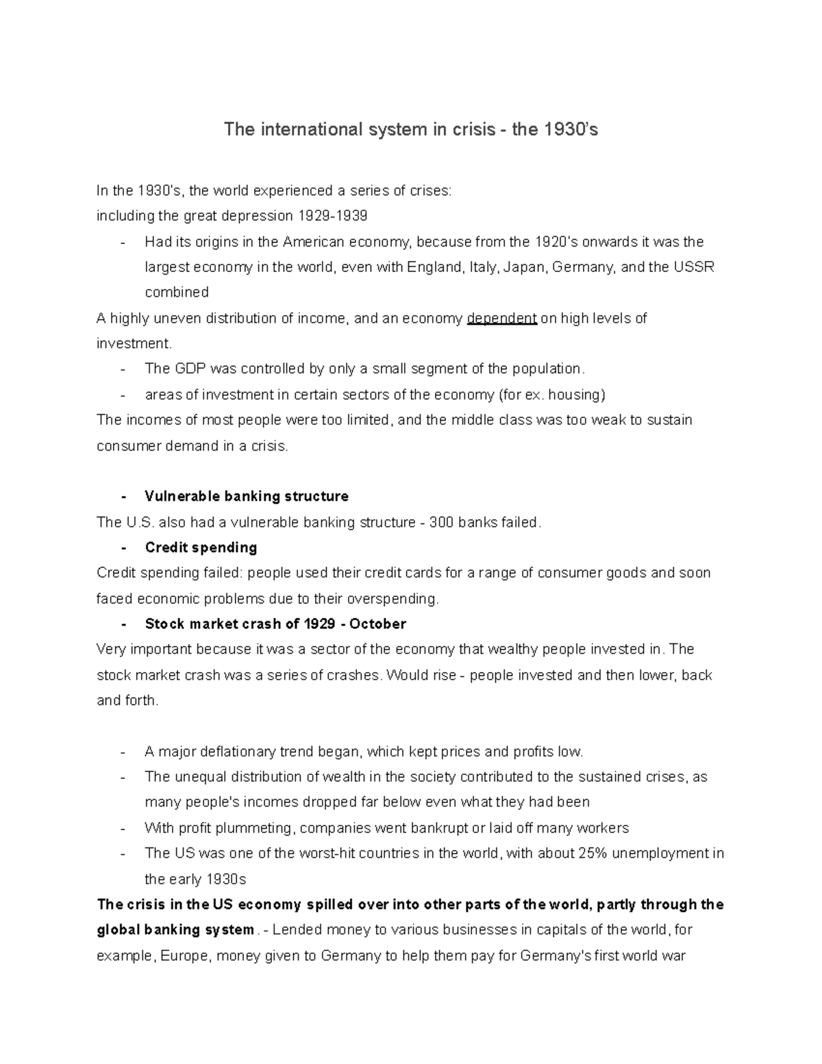 HIST 103 Lecture - The International System in Crisis: The 1930s - Studocu