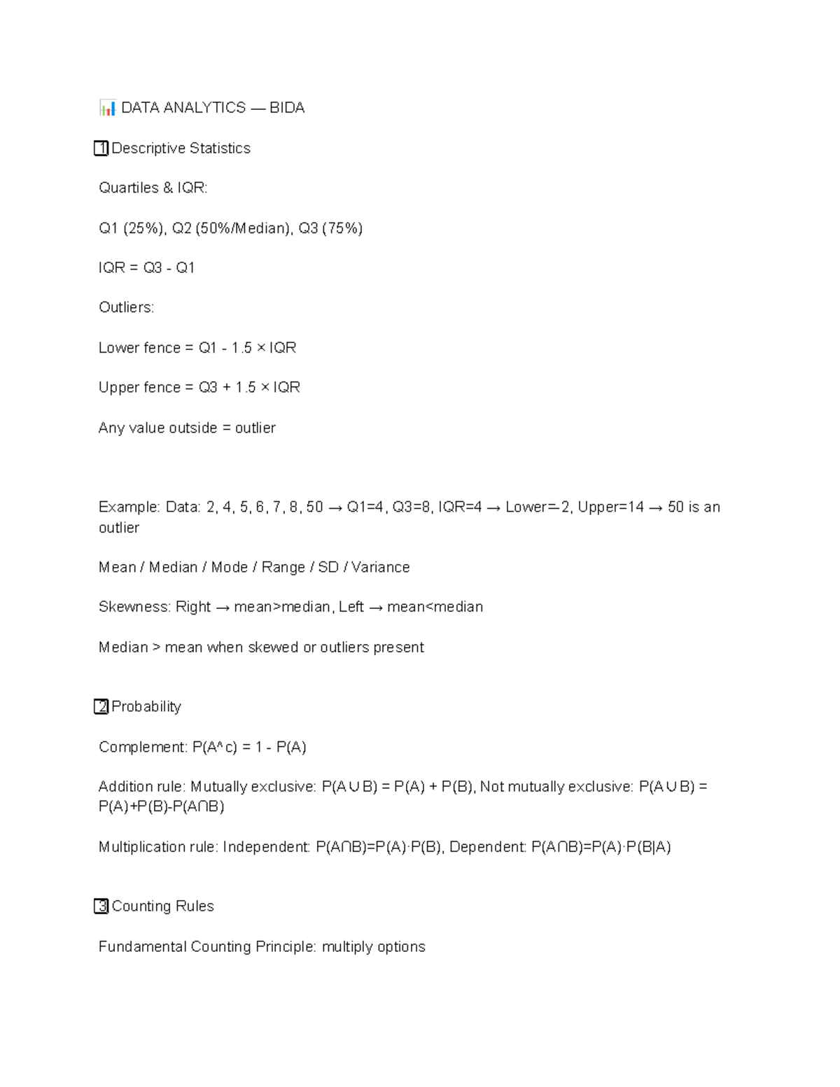 📊 DATA Analytics BIDA: Descriptive Stats & Outlier Analysis Notes - Studocu