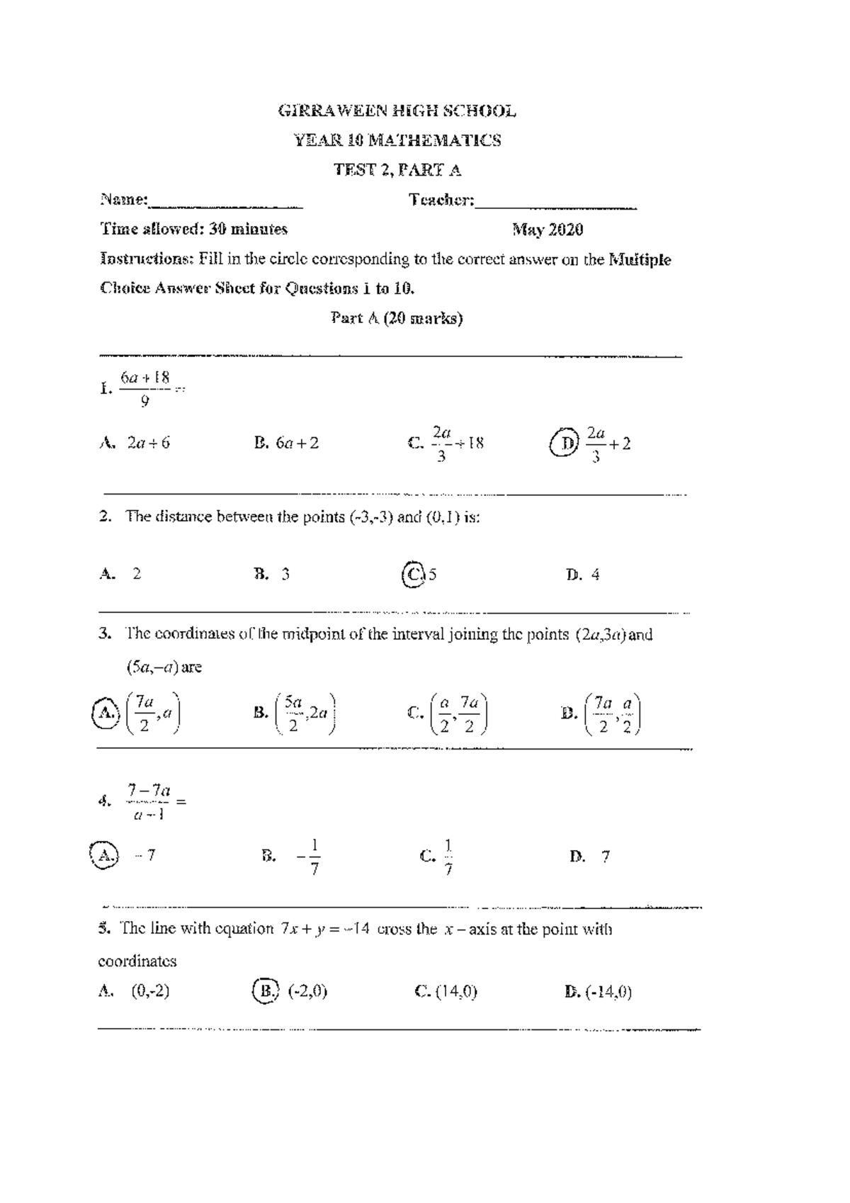 Year 10 Test 2 2020 Solutions and Explanations - Studocu