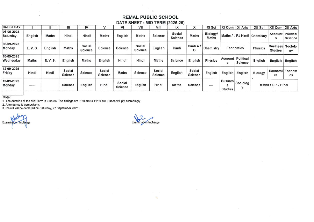 REMAL PUBLIC SCHOOL MID TERM DATE SHEET 2025 - Studocu