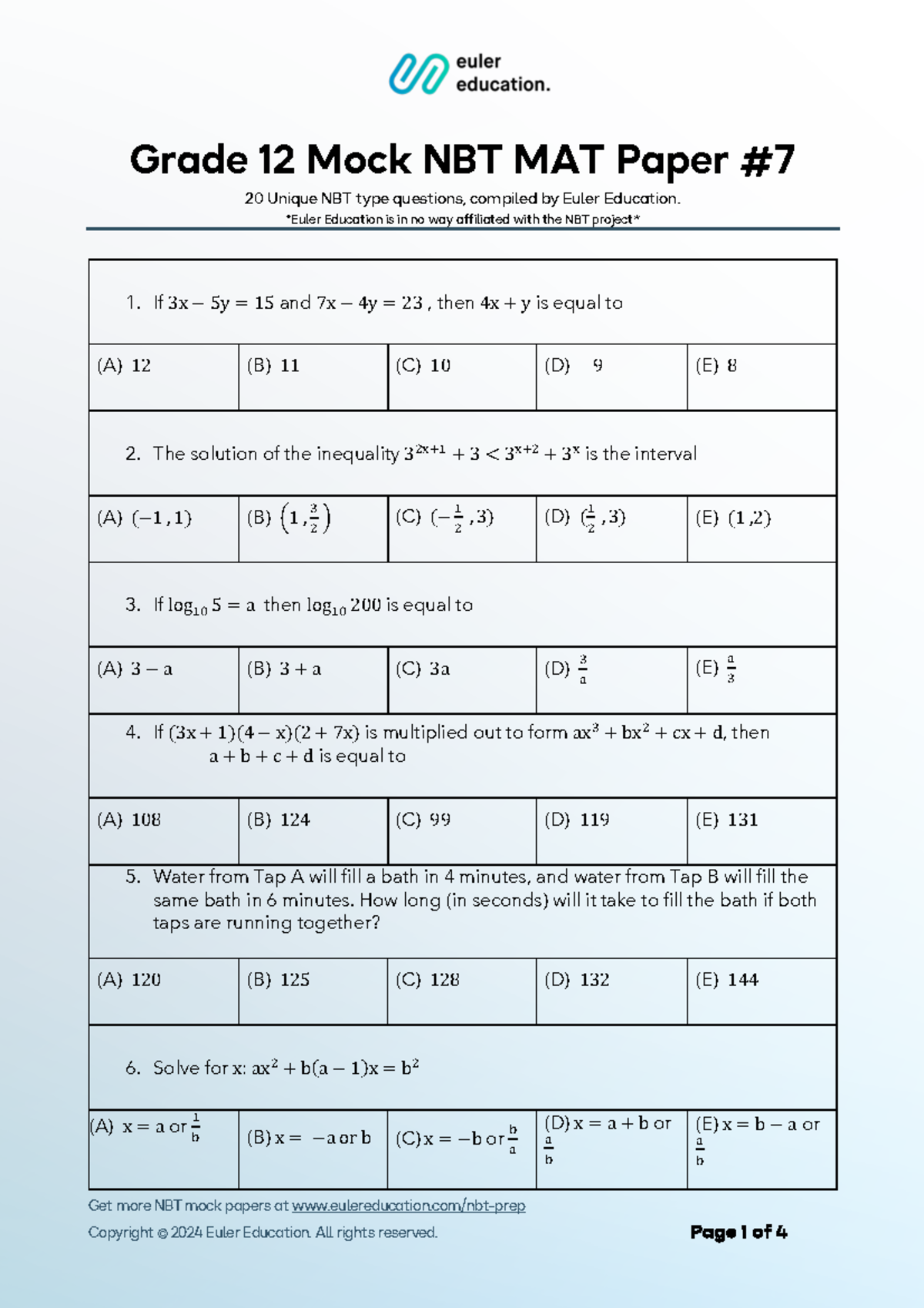 Grade 12 Mock NBT MAT Paper: 20 Unique Questions & Solutions - Studocu