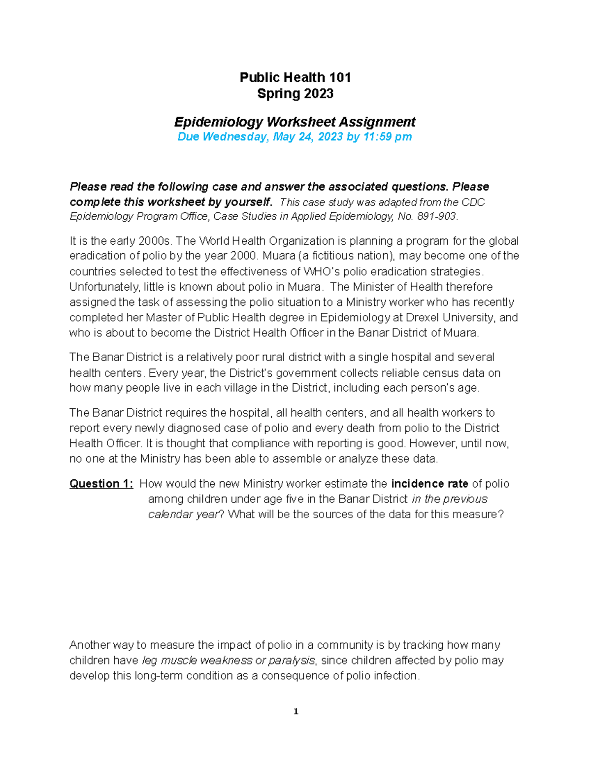 PBHL 101 Epidemiology Worksheet for Spring 2023: Case Study Analysis ...