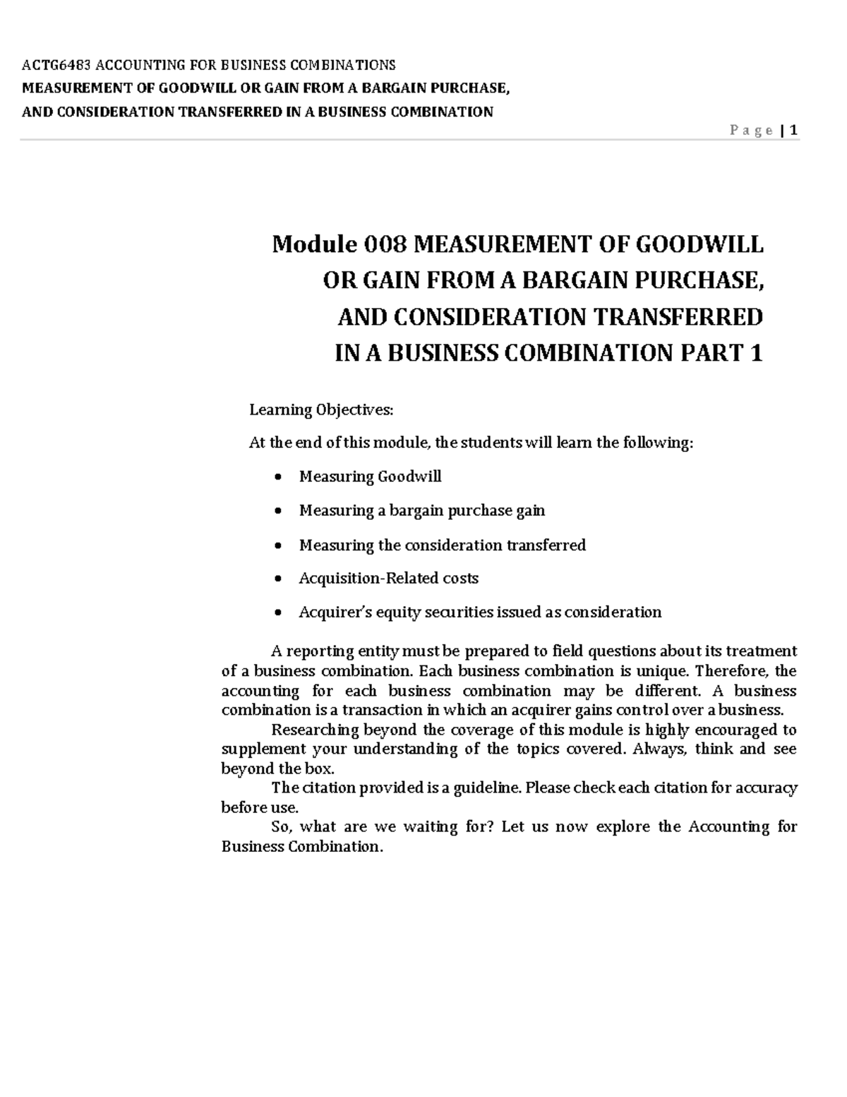 Module 008 - Measurement of Goodwill and Bargain Purchase Gains - Studocu
