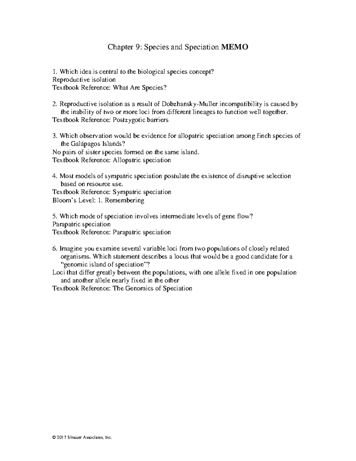 Ch09 Online Quiz MEMO - © 2017 Sinauer Associates, Inc. Chapter 9 ...