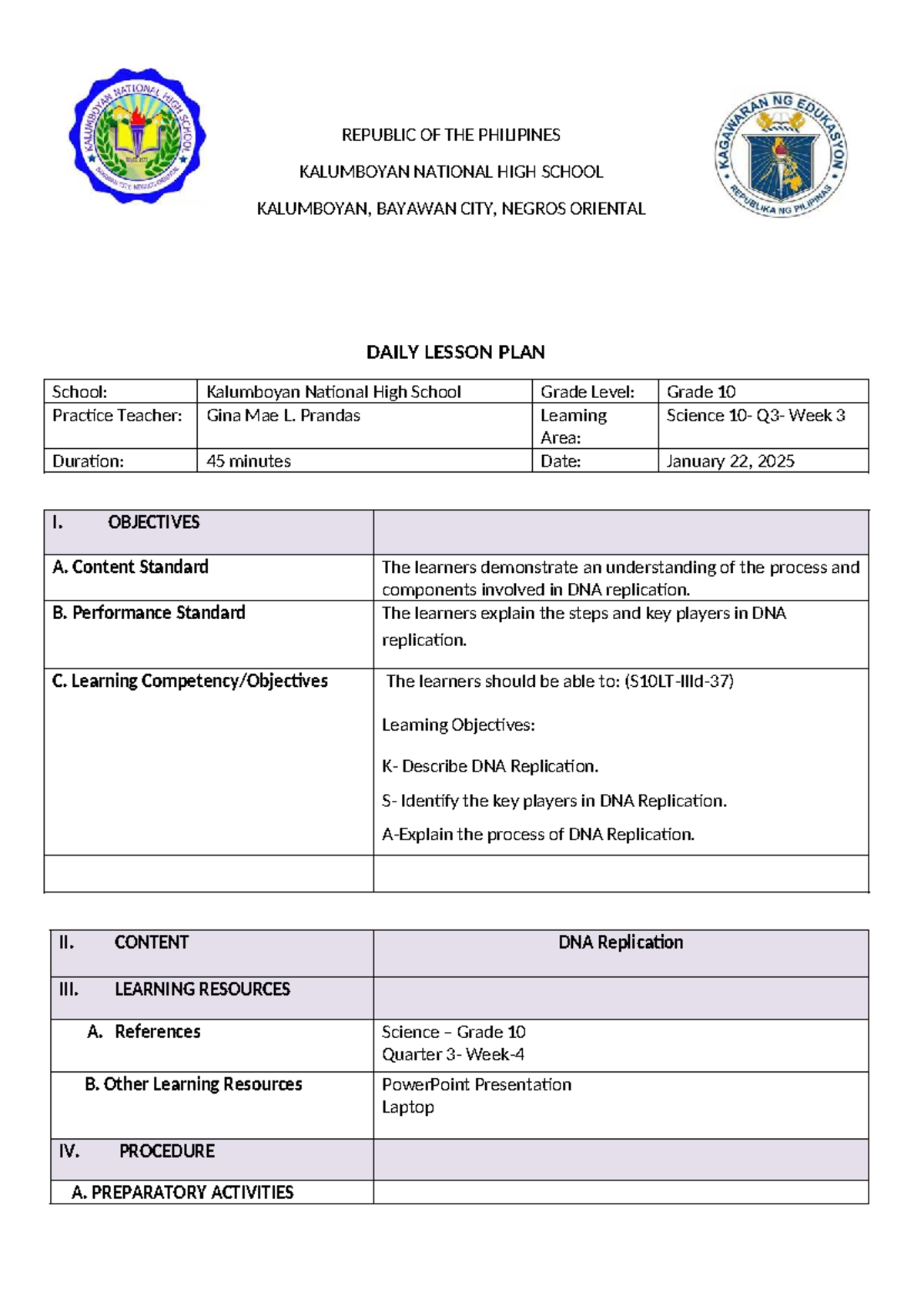 Q3-D2-W4: Daily Lesson Plan on DNA Replication for Grade 10 Science ...