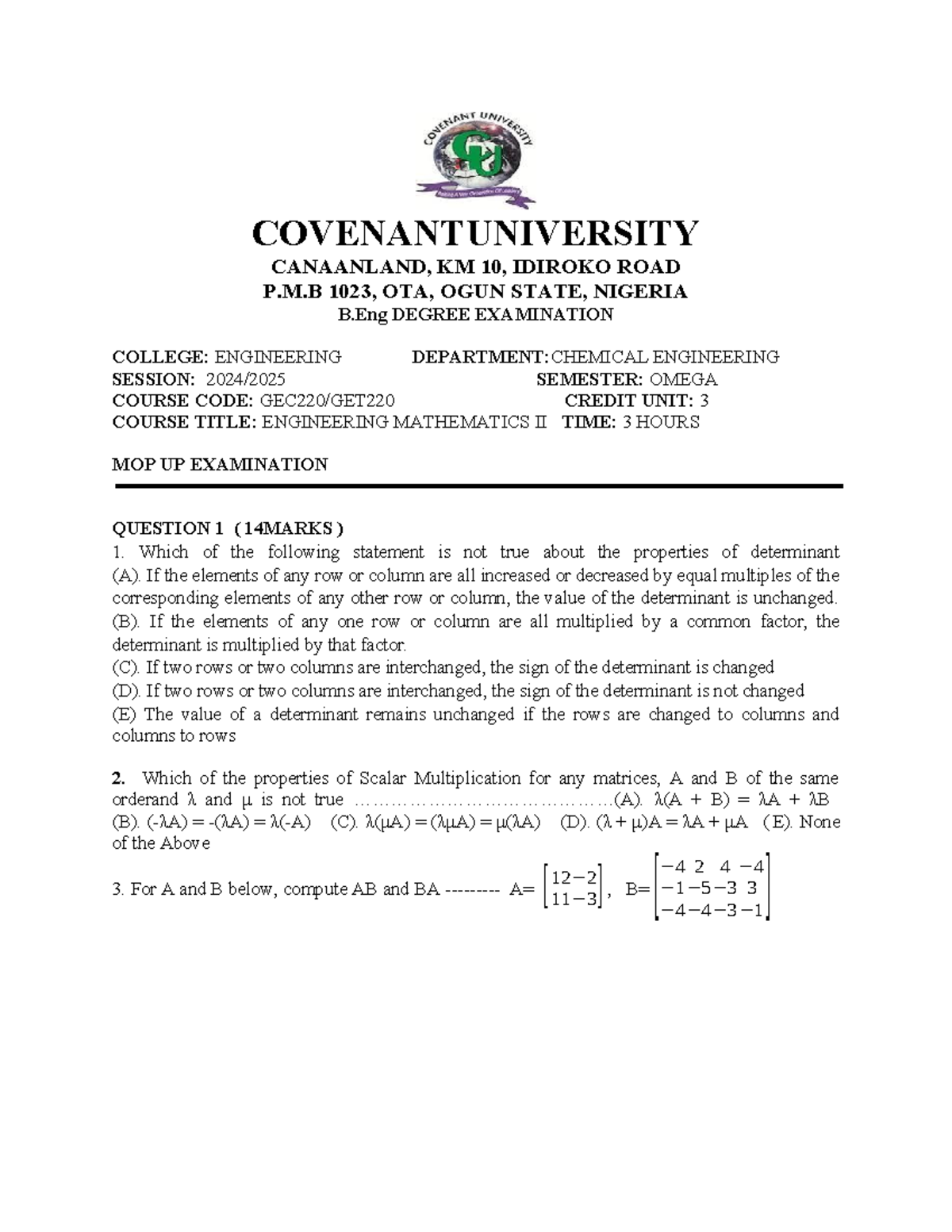 MOP UP EXAMINATION: ENGINEERING MATHEMATICS II (GET 220) - Studocu