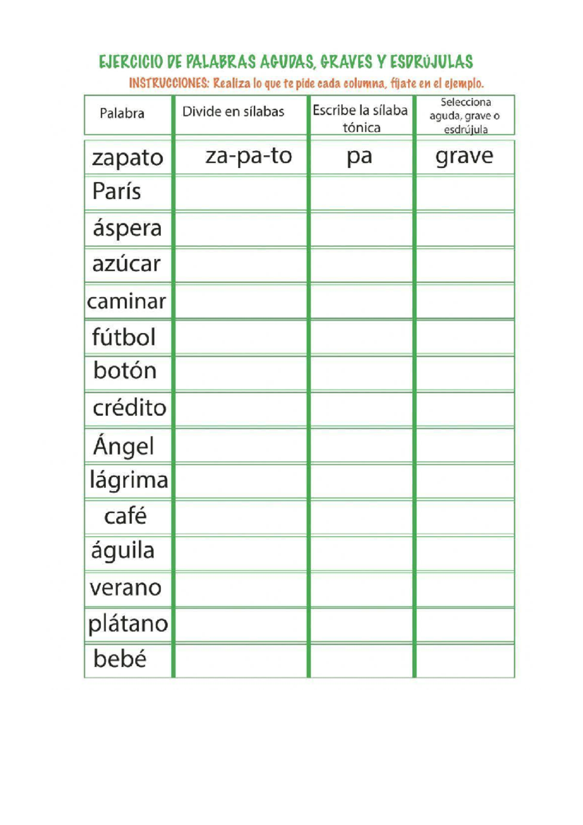 Worksheet 360309 - Práctica - Español Básico I - EJERCICIO DE PALABRAS ...