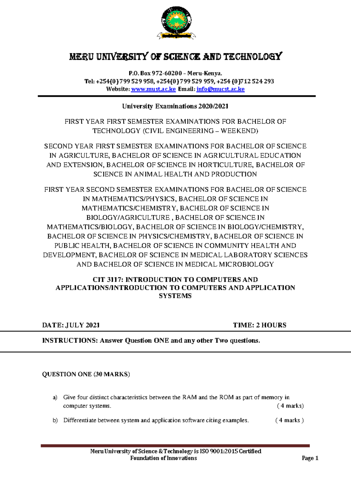 CIT 3117 Final Exam: Introduction to Computers and Applications Systems - Studocu