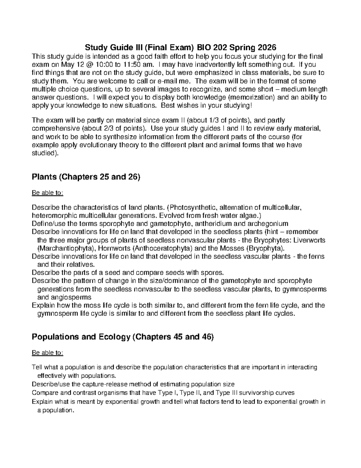 Study Guide III (Final Exam) BIO 202 Spring 2026 - Studocu
