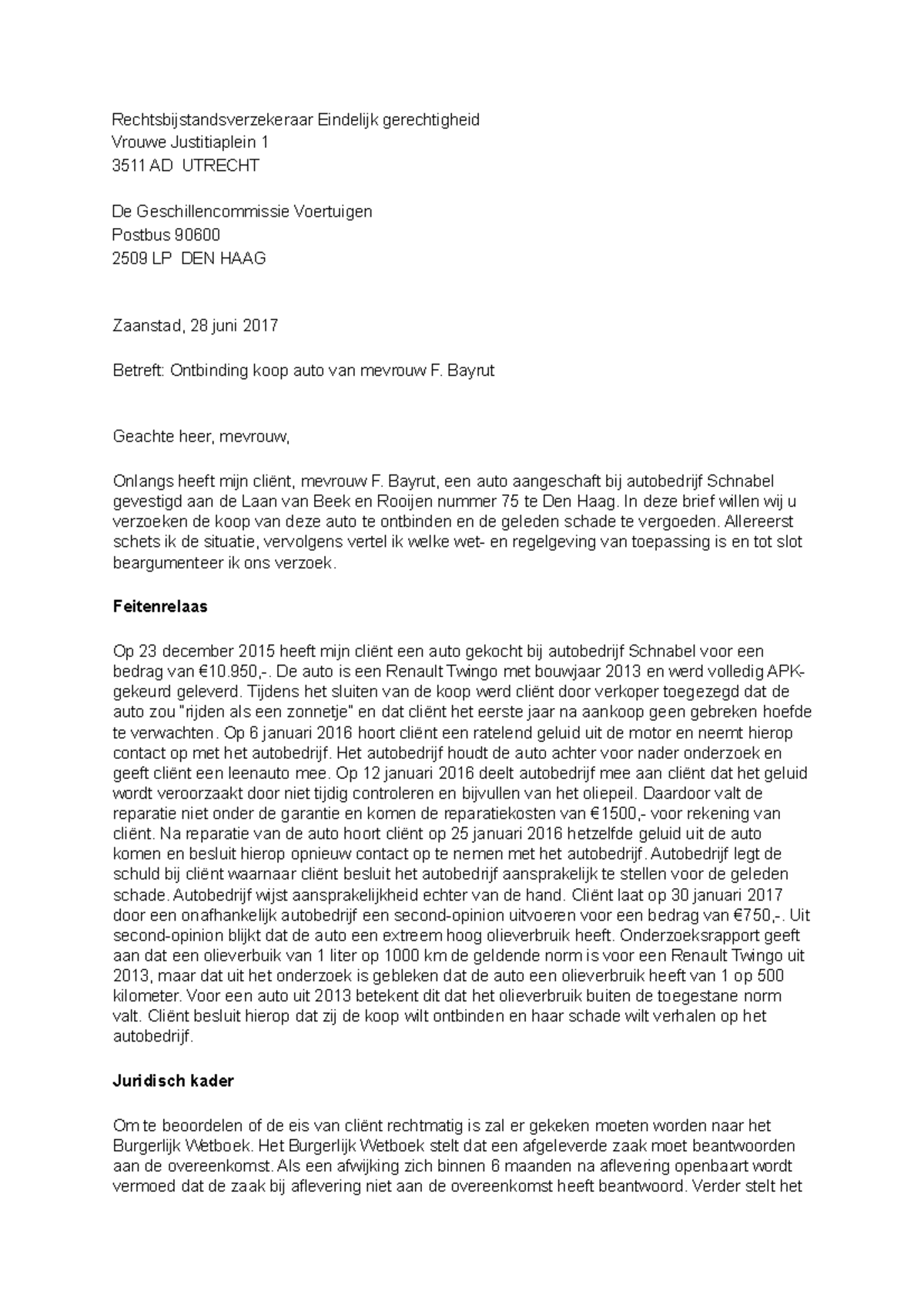 Juridische Brief voor Ontbinding Koop auto - F. Bayrut - Studeersnel