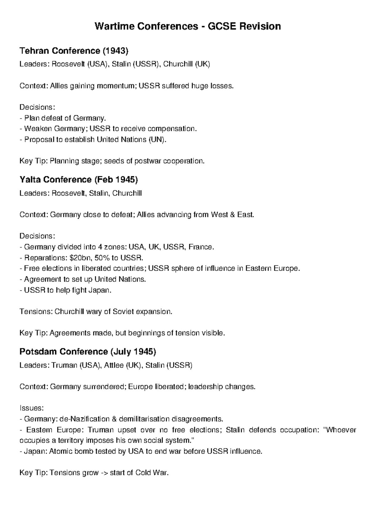 GCSE Revision: Cold War Conferences - Tehran, Yalta, Potsdam - Studocu