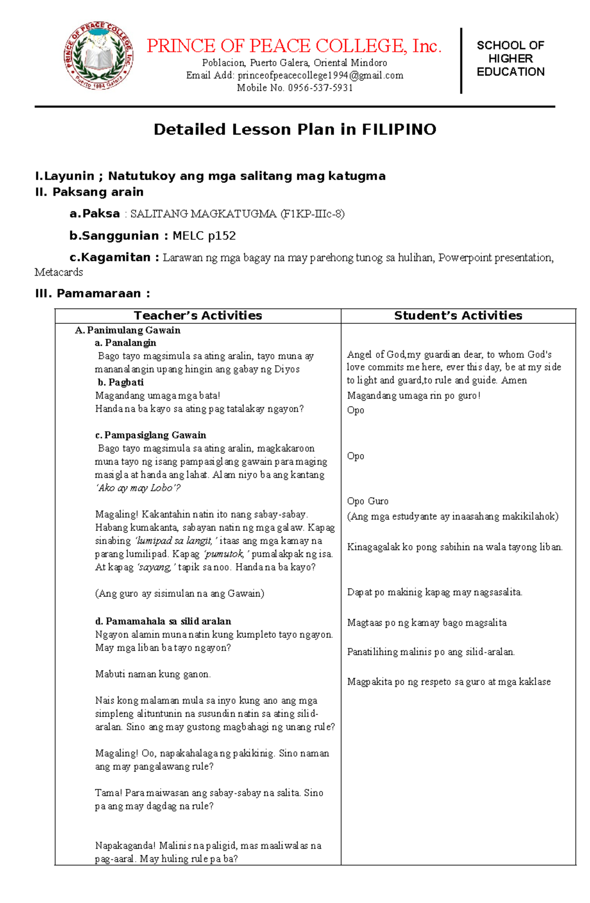 Detailed Lesson Plan in FILIPINO I: Salitang Magkakatugma - Studocu