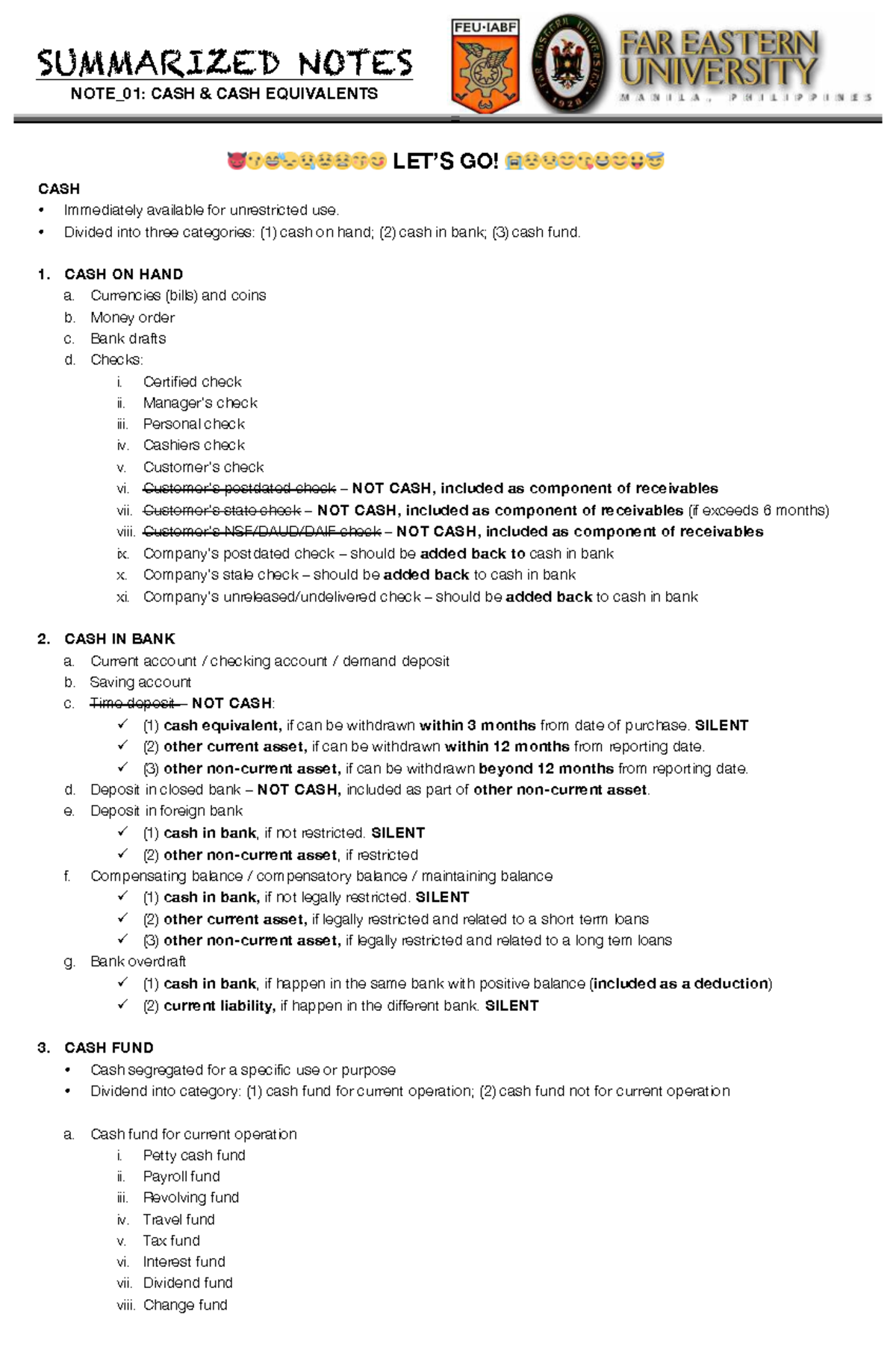 CASH & CASH EQUIVALENTS SUMMARY NOTES (NOTE_01) - Studocu