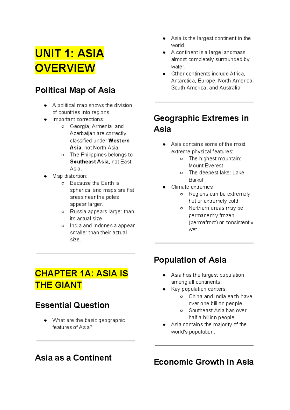 UNIT 1: ASIA OVERVIEW - Geography, Population, and Economy Insights ...