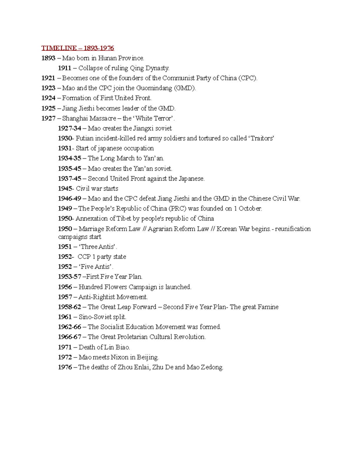 Mao and China: Key Events and Policies - IB History Notes - Studocu