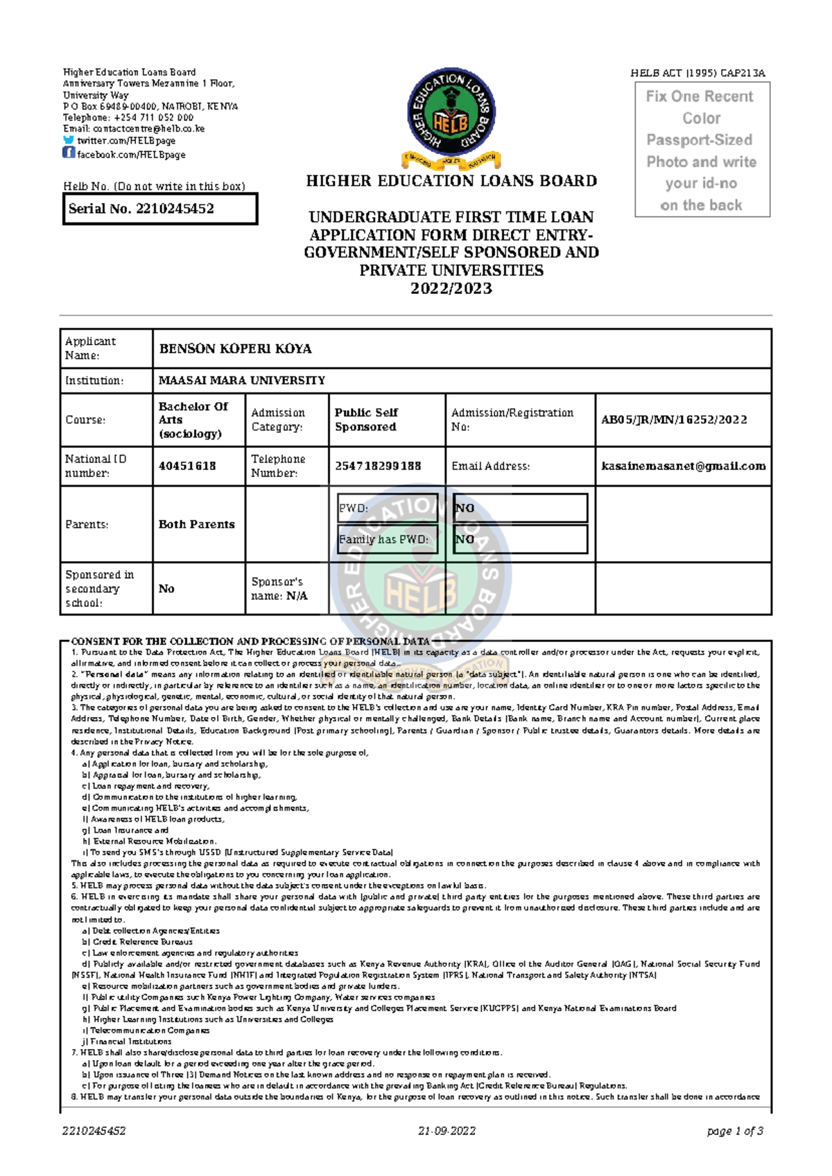 HELB ACT (1995) CAP213A: Undergraduate Loan Application Form - Studocu