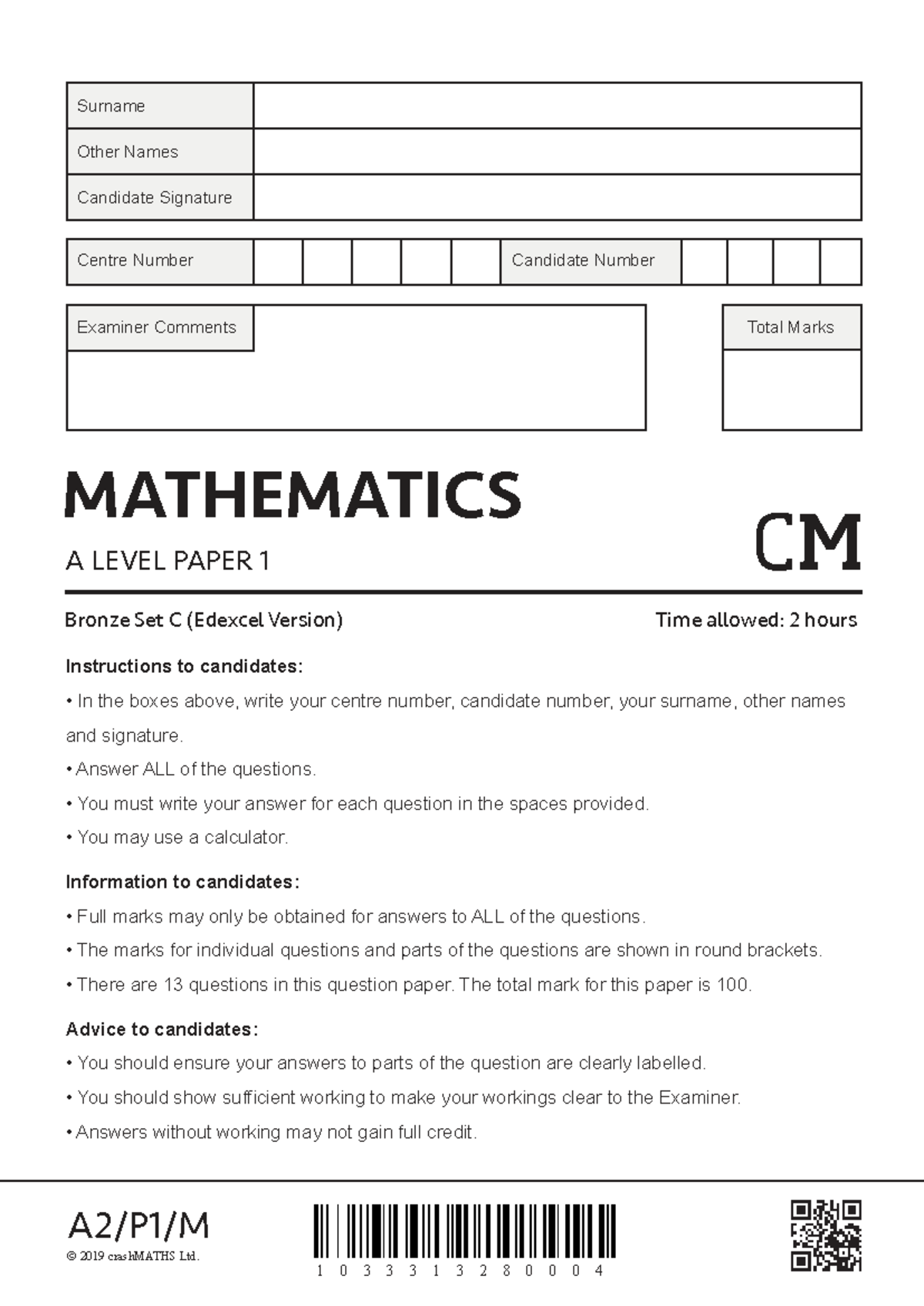 A2 Mathematics CM Bronze Paper 1 Past Exam (Edexcel) - Studocu