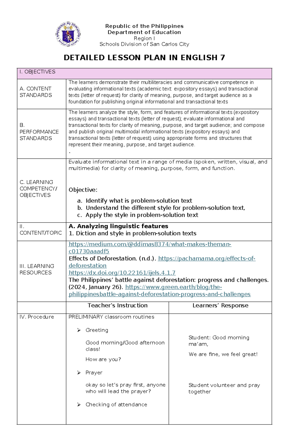 Detailed Lesson Plan in English 7: Analyzing Texts and Styles - Studocu