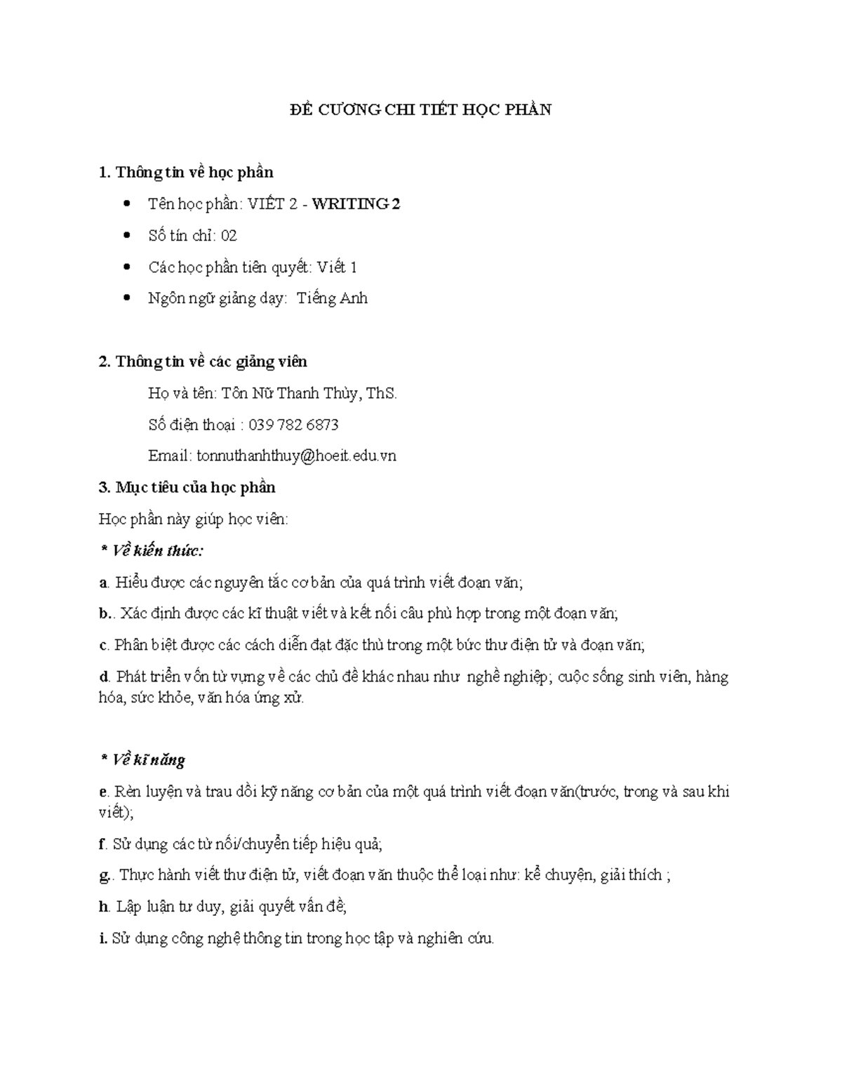 UD Writing 2 - Detailed Course Outline and Objectives - Studocu