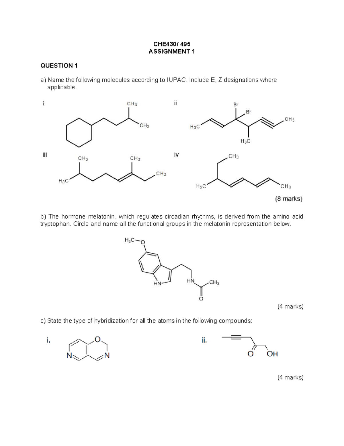 CHE430 495 Assignment 1: IUPAC Naming, Conformations & Reactions - Studocu