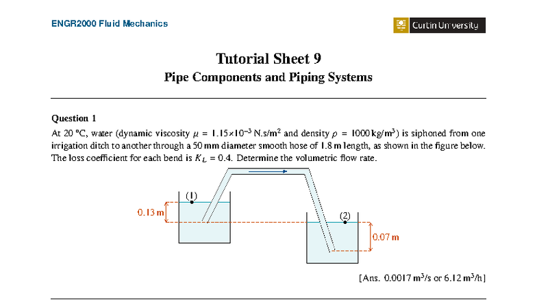 ENGR2000 Tutorial 09 - Pipe Components & Flow Rate Calculations - Studocu
