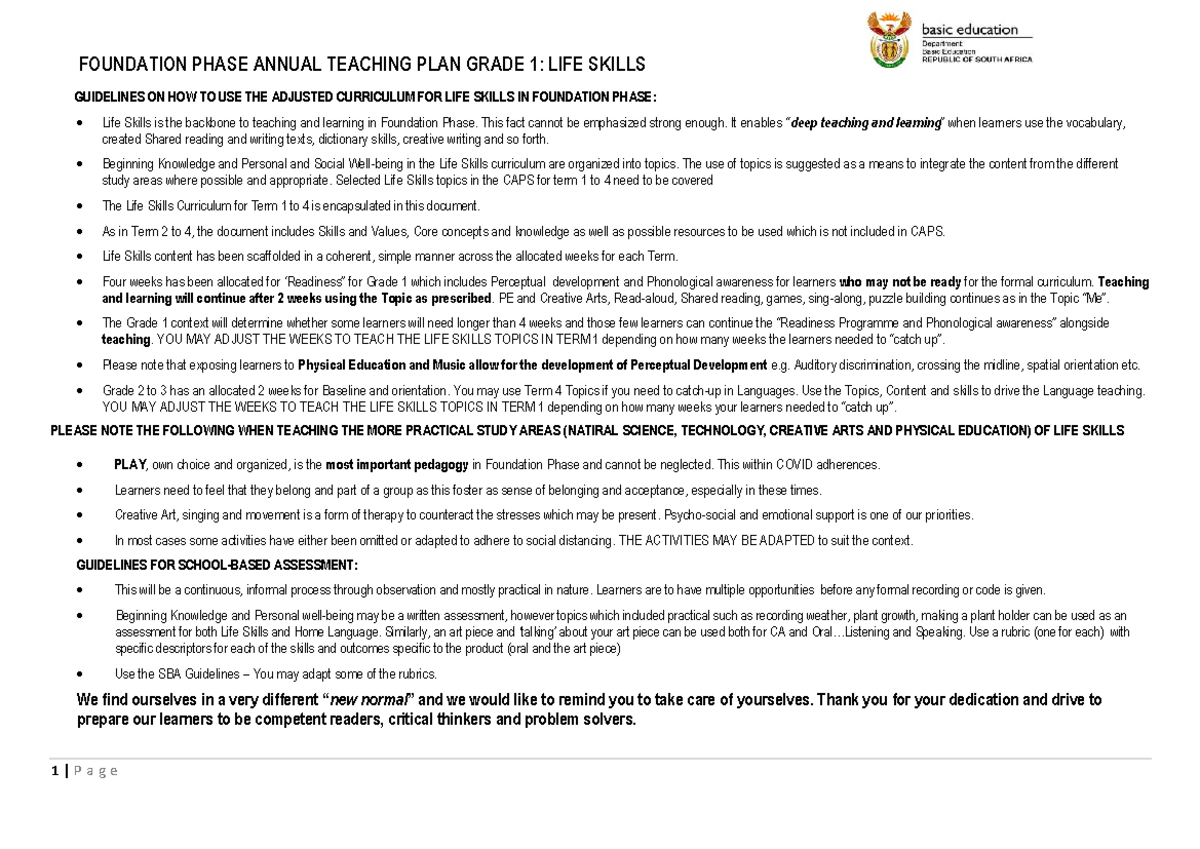 FOUNDATION PHASE ANNUAL TEACHING PLAN GRADE 1: LIFE SKILLS TERM 1 & 2 ...