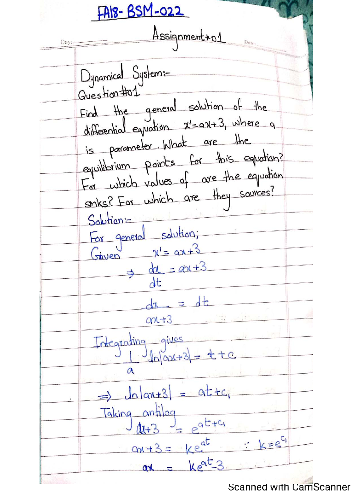 FA18 BSM 022: General Solutions & Equilibrium Points in Differential ...
