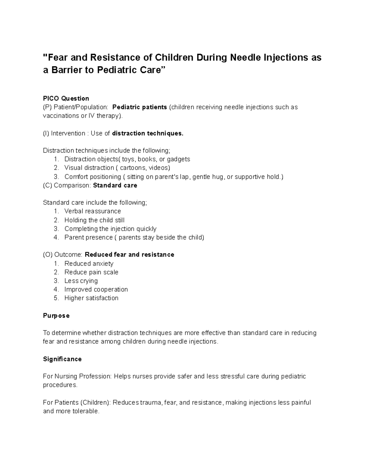 Pediatric PICO Question: Distraction Techniques vs. Standard Care in ...