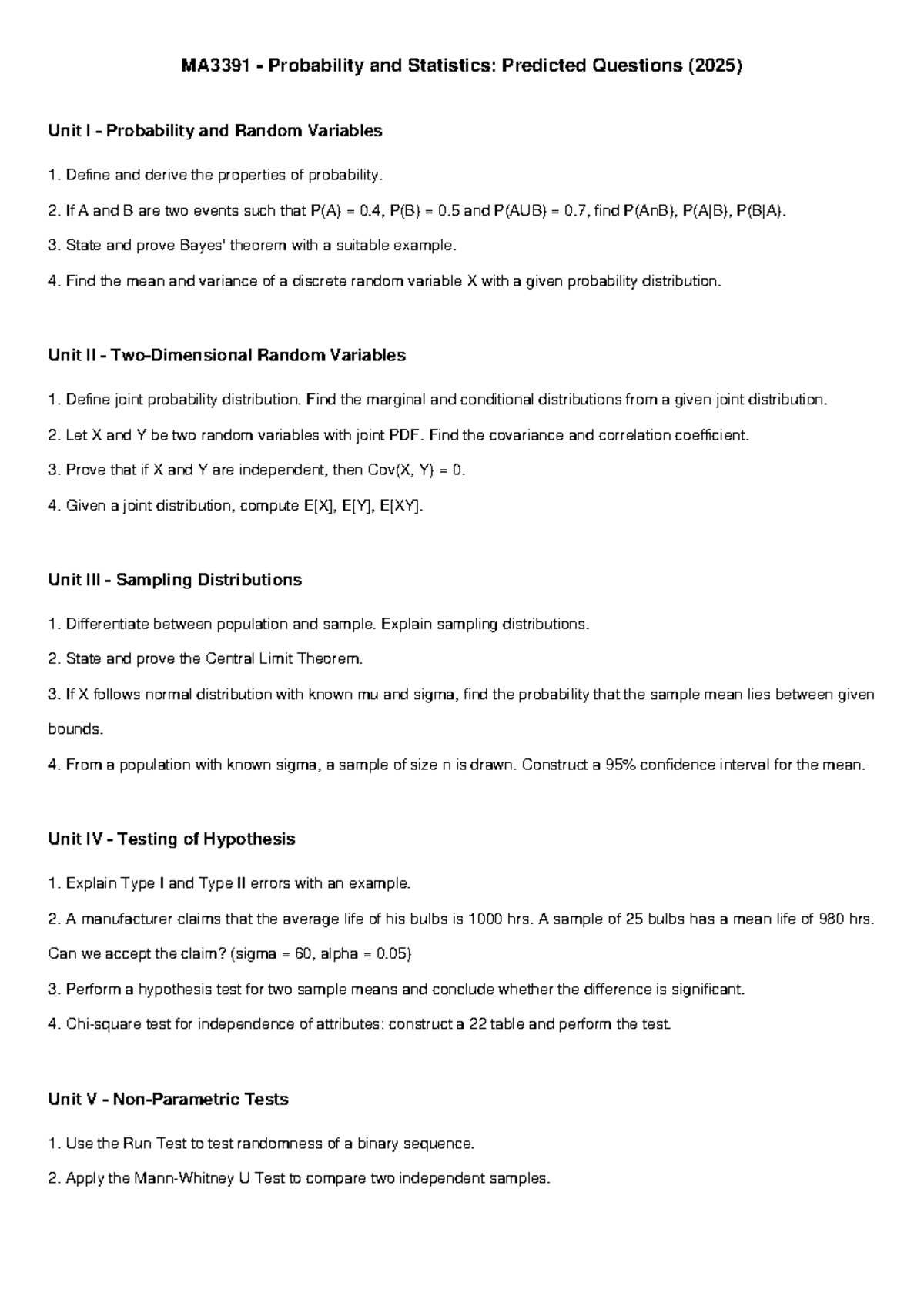 MA3391 Probability & Statistics: Predicted Questions for 2025 Exam ...