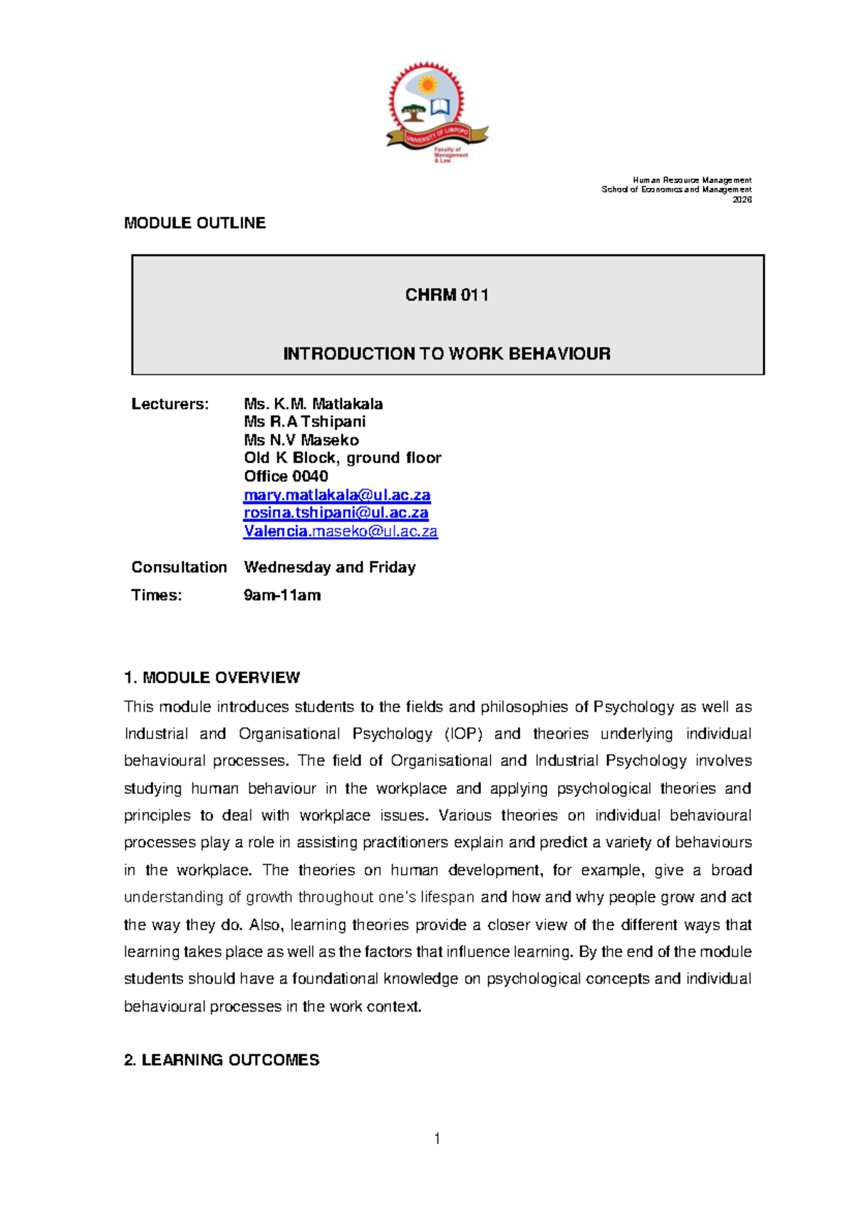 2026 CHRM 011 Module Outline: Introduction to Work Behaviour - Studocu