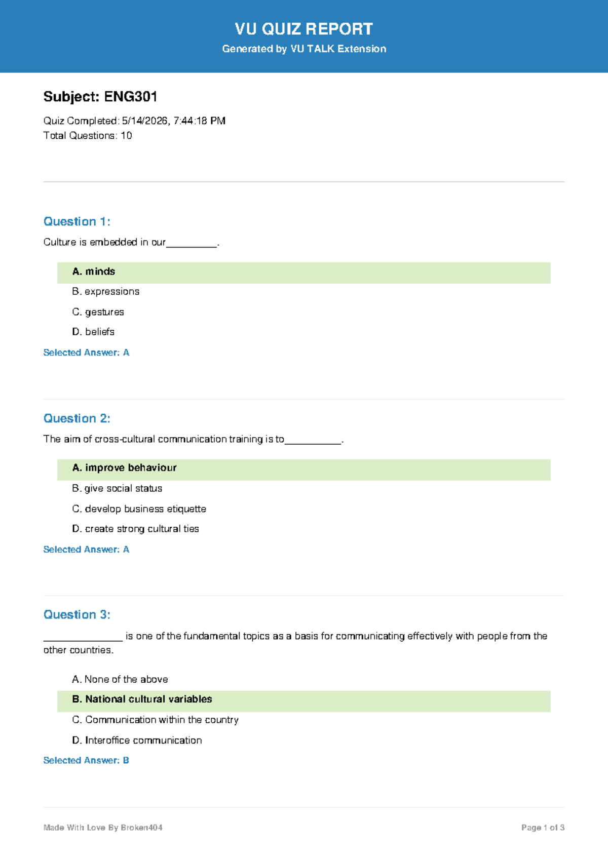 ENG301 Quiz Report: Communication & Culture Insights - Studocu