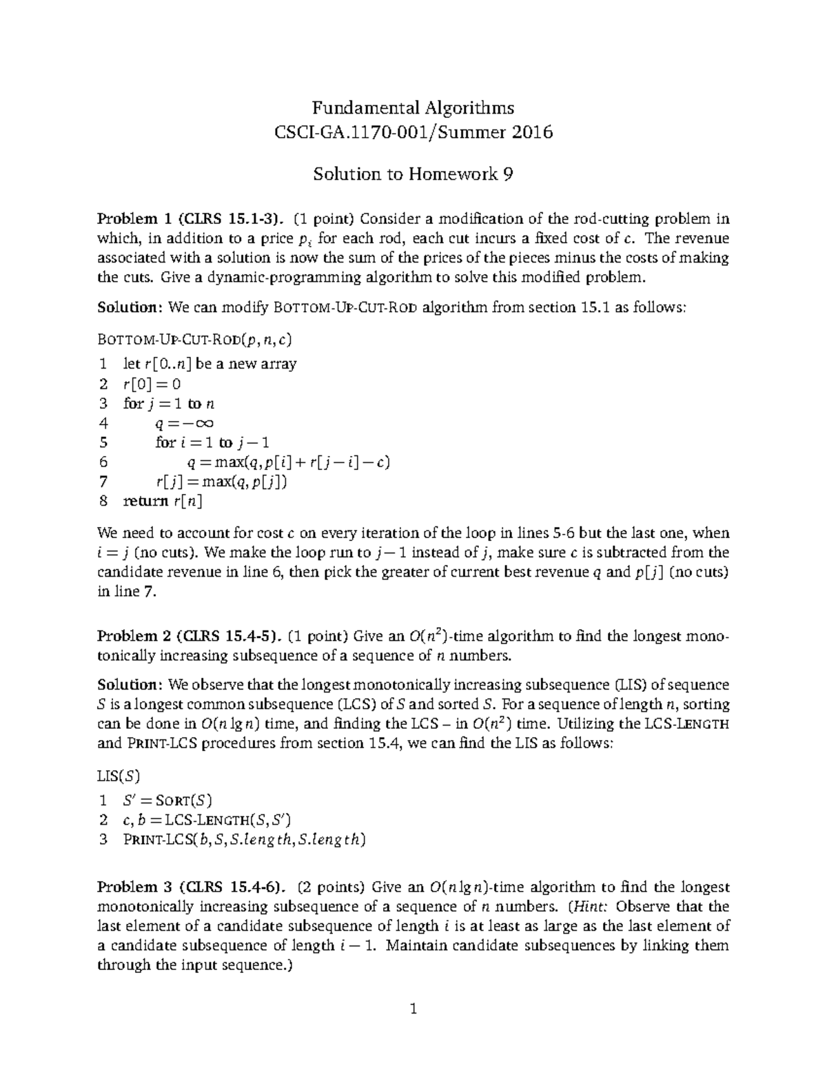 Hw09sol Assignment 9 Solution Fundamental Algorithms Csci Ga 001summer 2016 Solution To