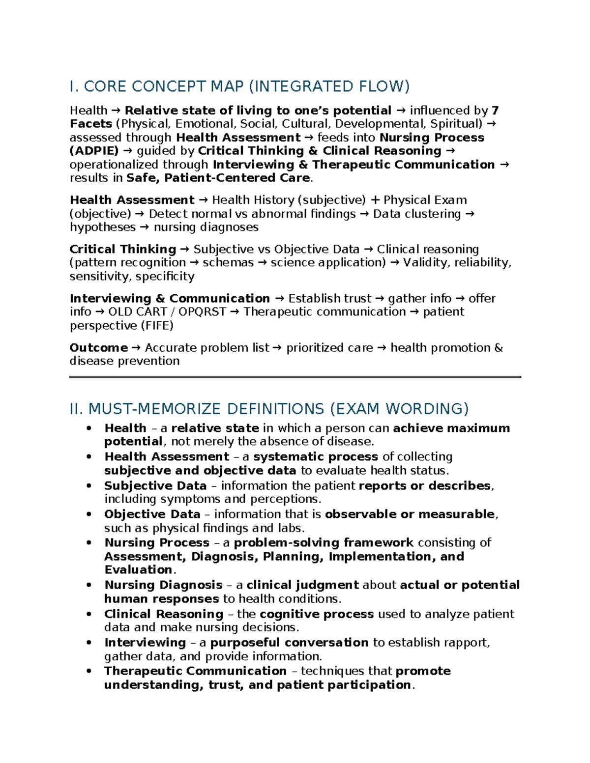 Integrated Health Assessment Cheat Sheet (NURS 101) - Studocu