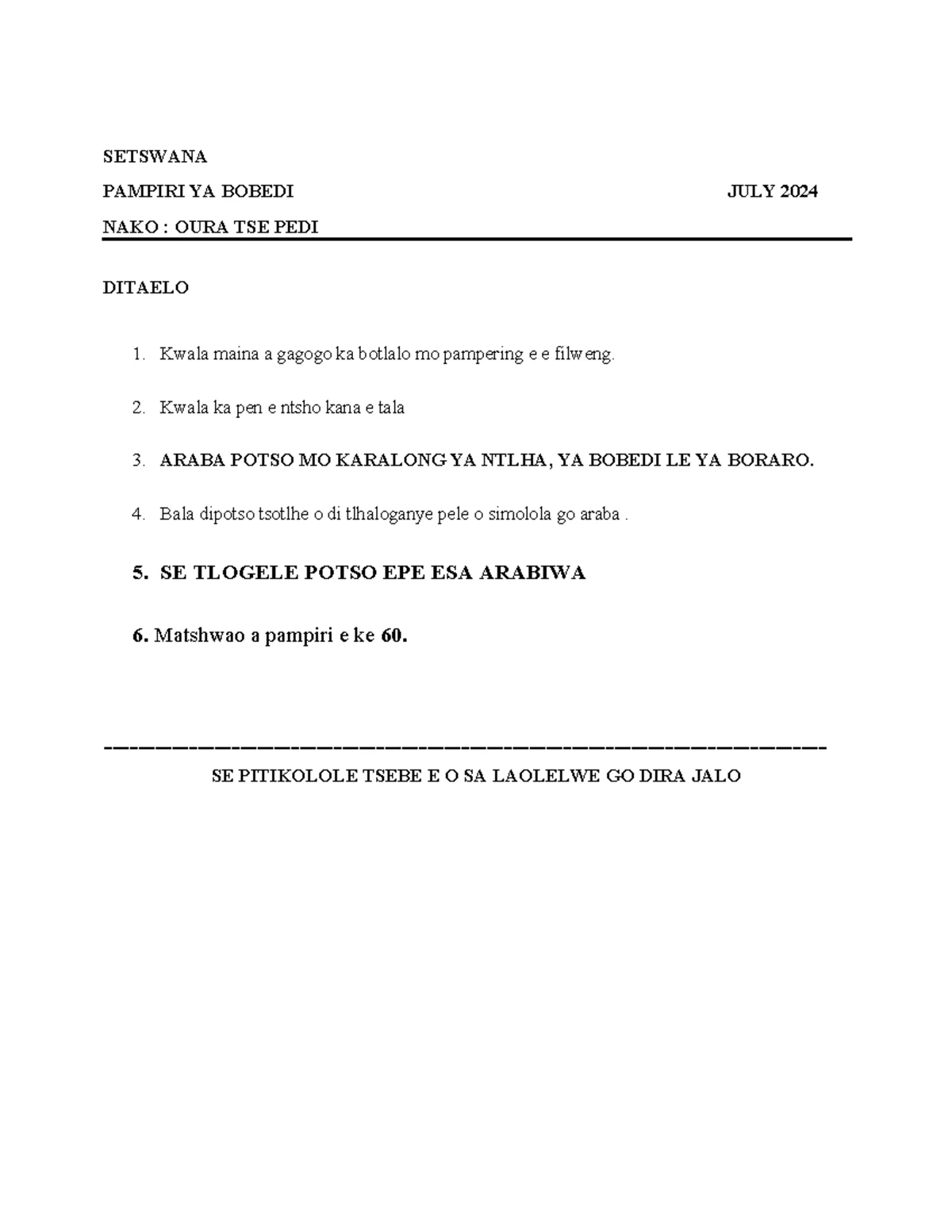 Bgcse Setswana Paper 3 - BALA DITAELO TSE PELE FOR EXAMINER’S USE Kwala ...