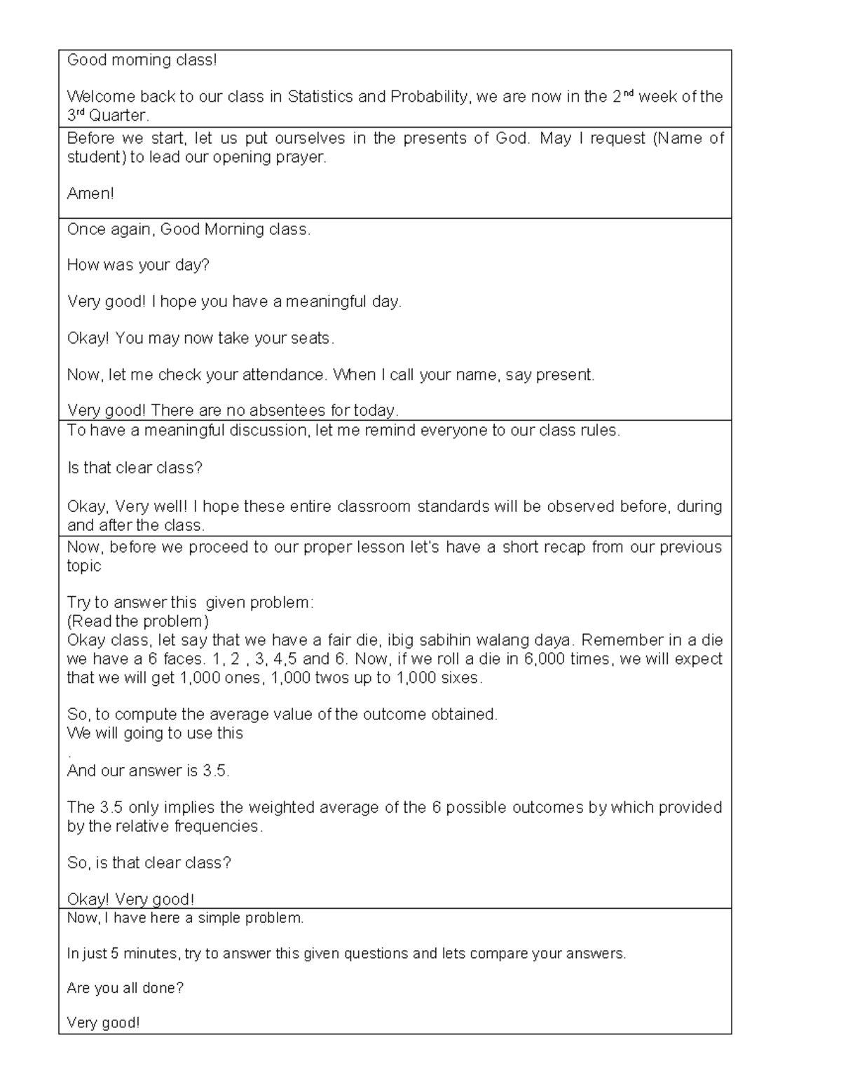 Script - for educational purposes - Good morning class! Welcome back to ...