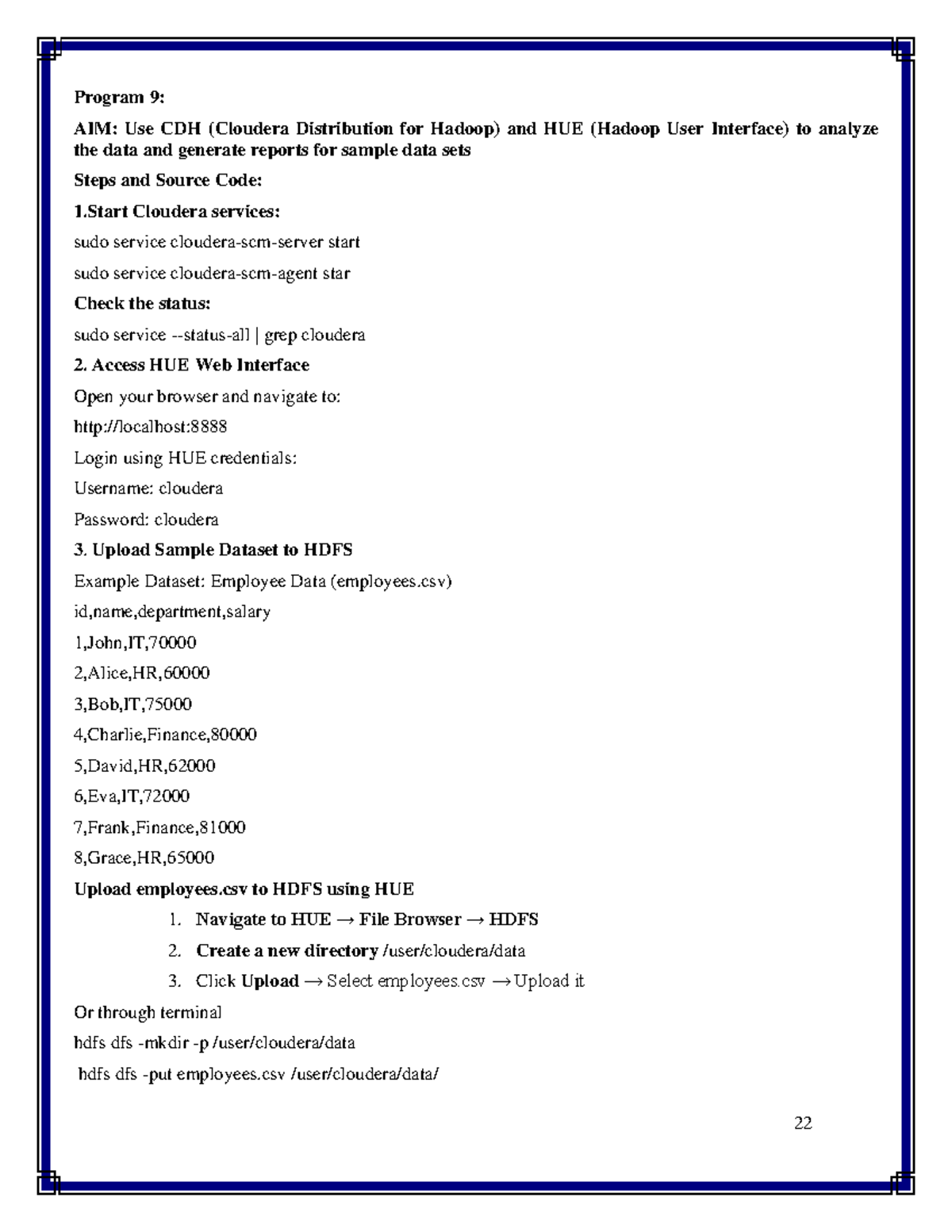 Experiment 9: Using CDH & HUE for Data Analysis and Reporting - Studocu