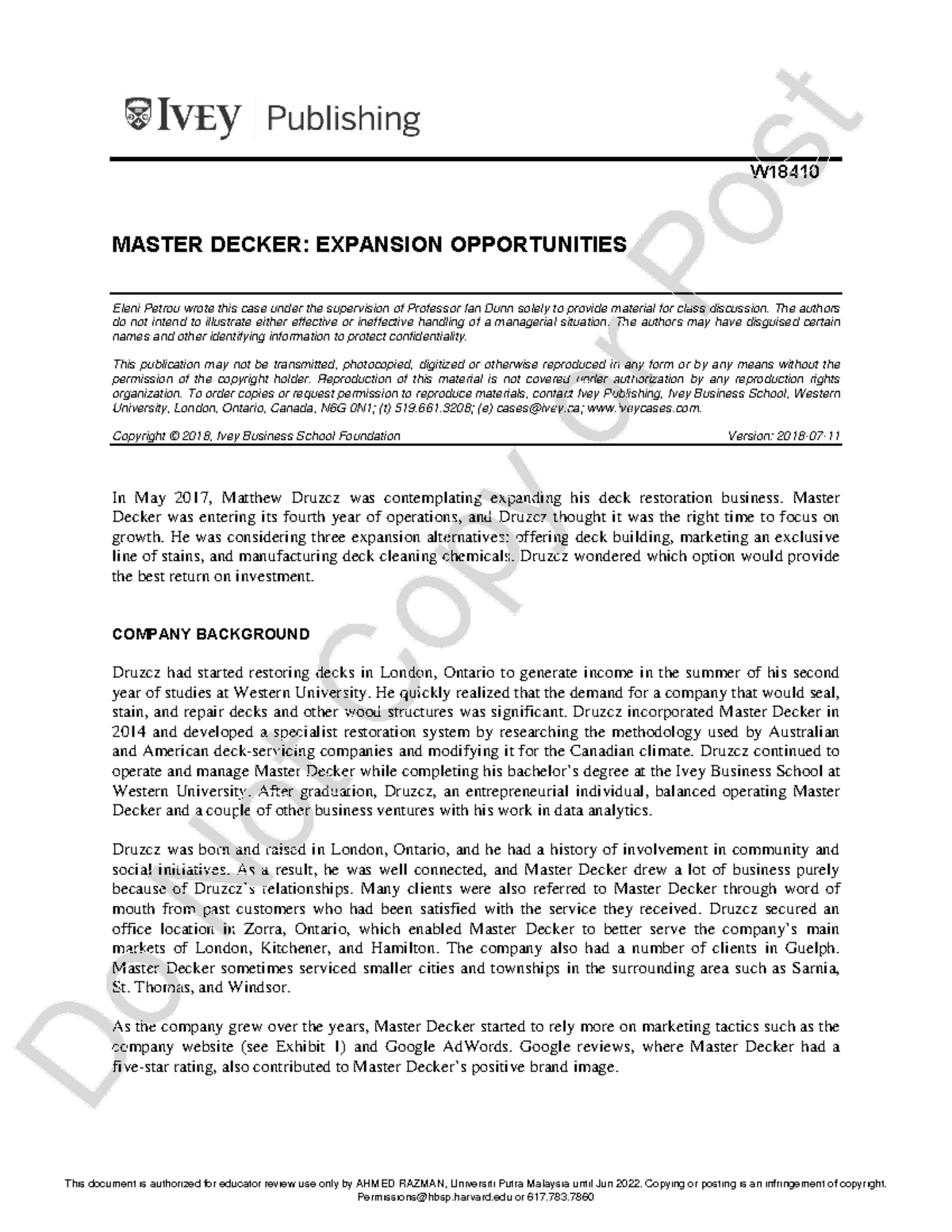 Master Decker Case Study - W MASTER DECKER: EXPANSION OPPORTUNITIES ...