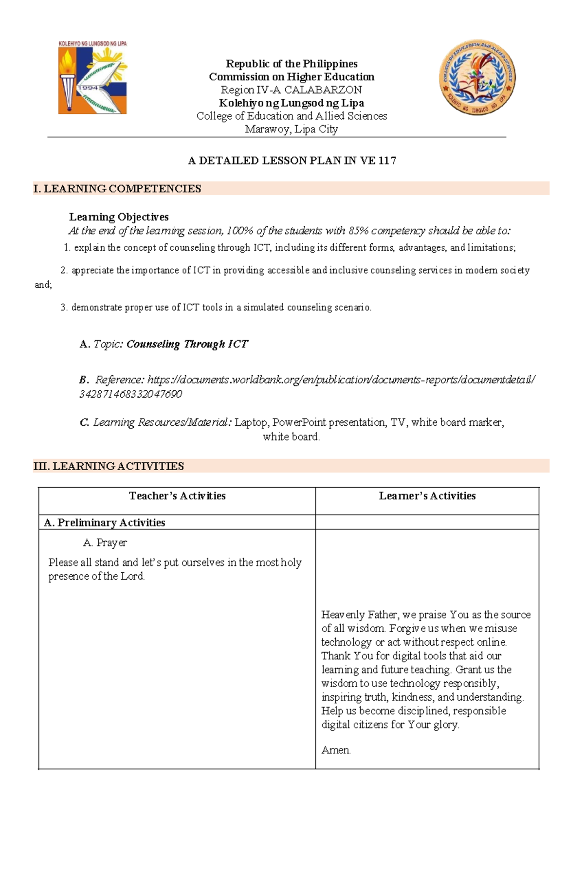 DLP-VE 117: Detailed Lesson Plan on Counseling Through ICT - Studocu
