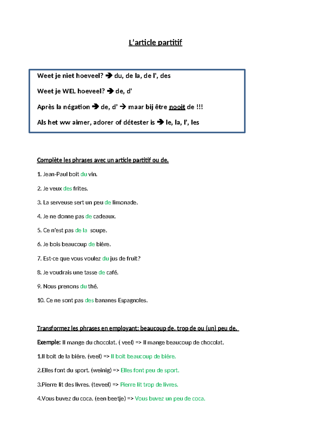 L'article partitif: du, de la, des - Exemples et Exercices - Studocu