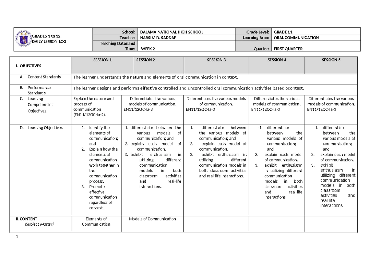DLL - WEEK 6 - GRADE 11 ORAL COMMUNICATION FIRST QUARTER - Studocu