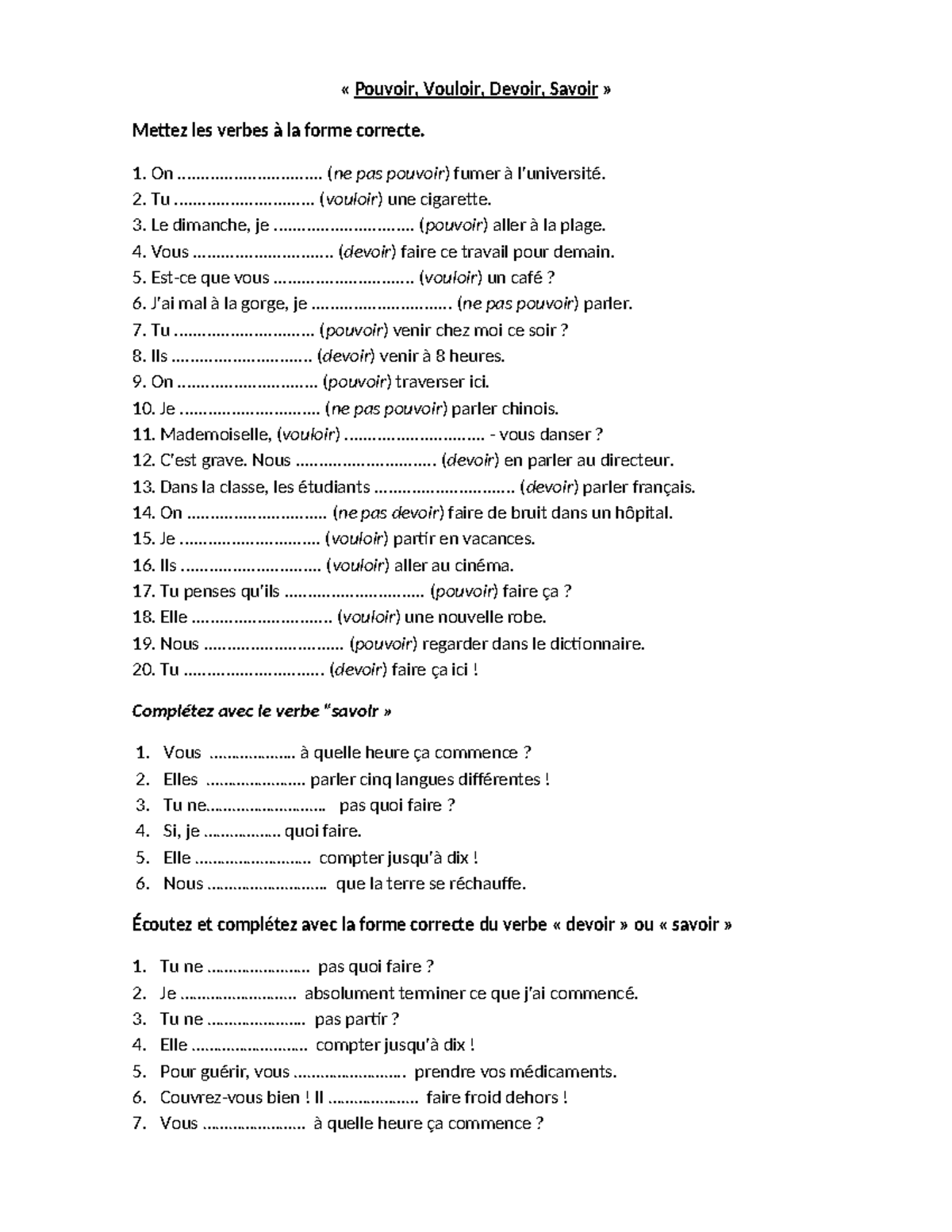 Exercices de verbes modaux en français - Correction et complétion - Studocu