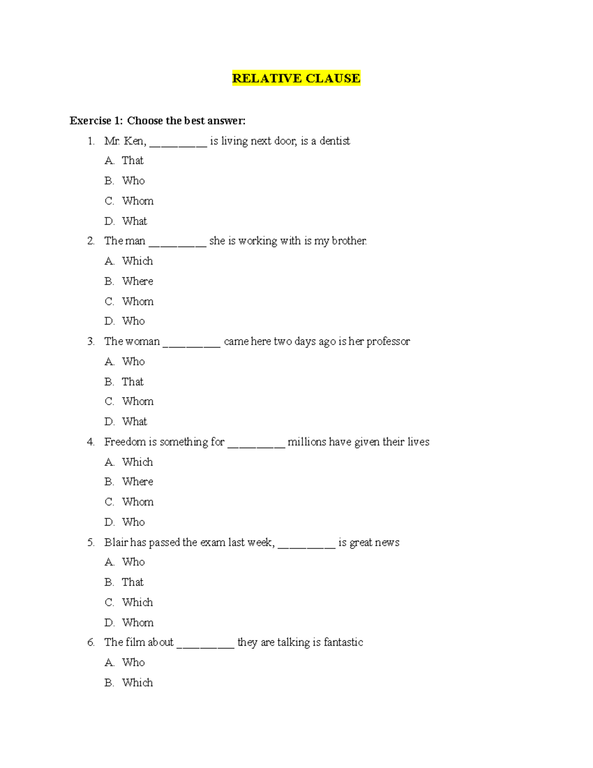 RELATIVE CLAUSE Exercises and Translations for English Learners - Studocu