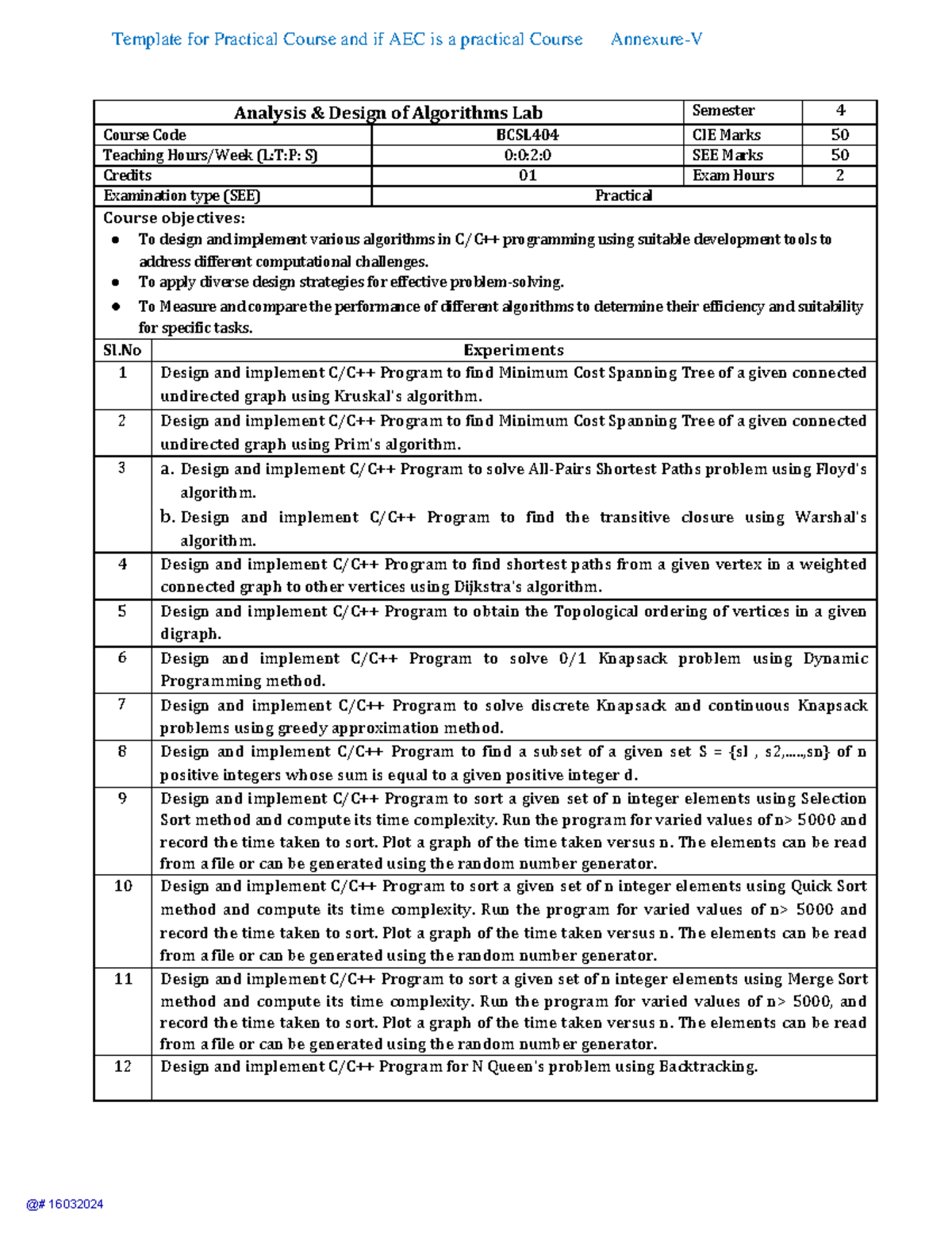 ADA Lab Practical Guide for BCSL404: Algorithm Design & Analysis - Studocu