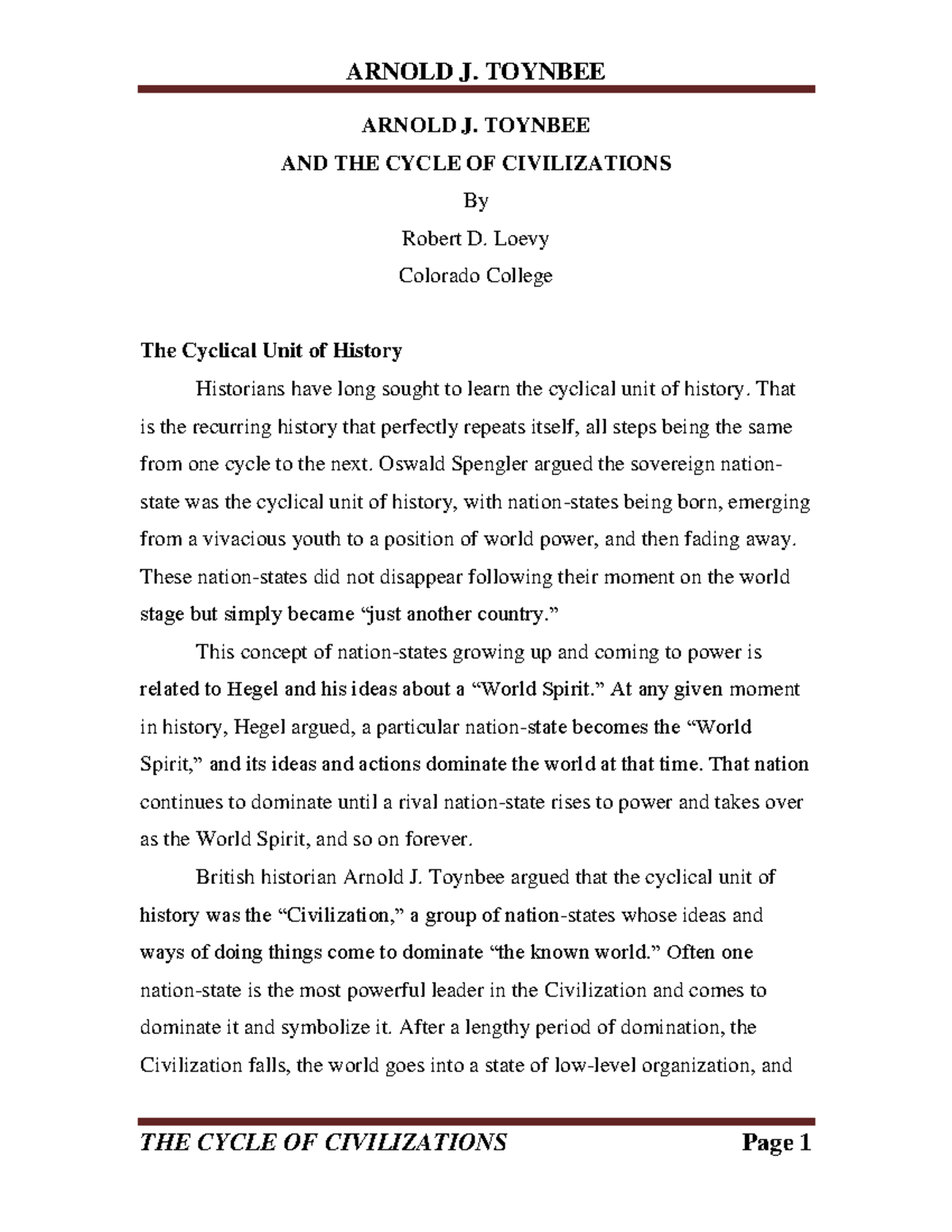 Arnold J. Toynbee: Understanding the Cycle of Civilizations - Studocu